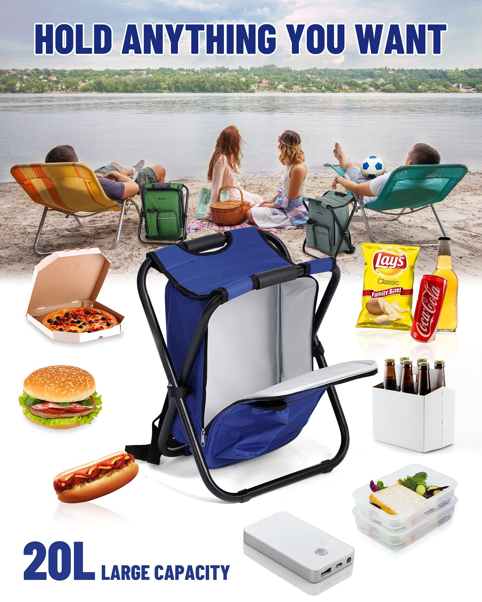 KUTON Backpack Cooler Chair, Folding Camping Fishing Stool 3-in-1 Portable Backpack Seat, Lightweight for Outdoor Picnic, Blue