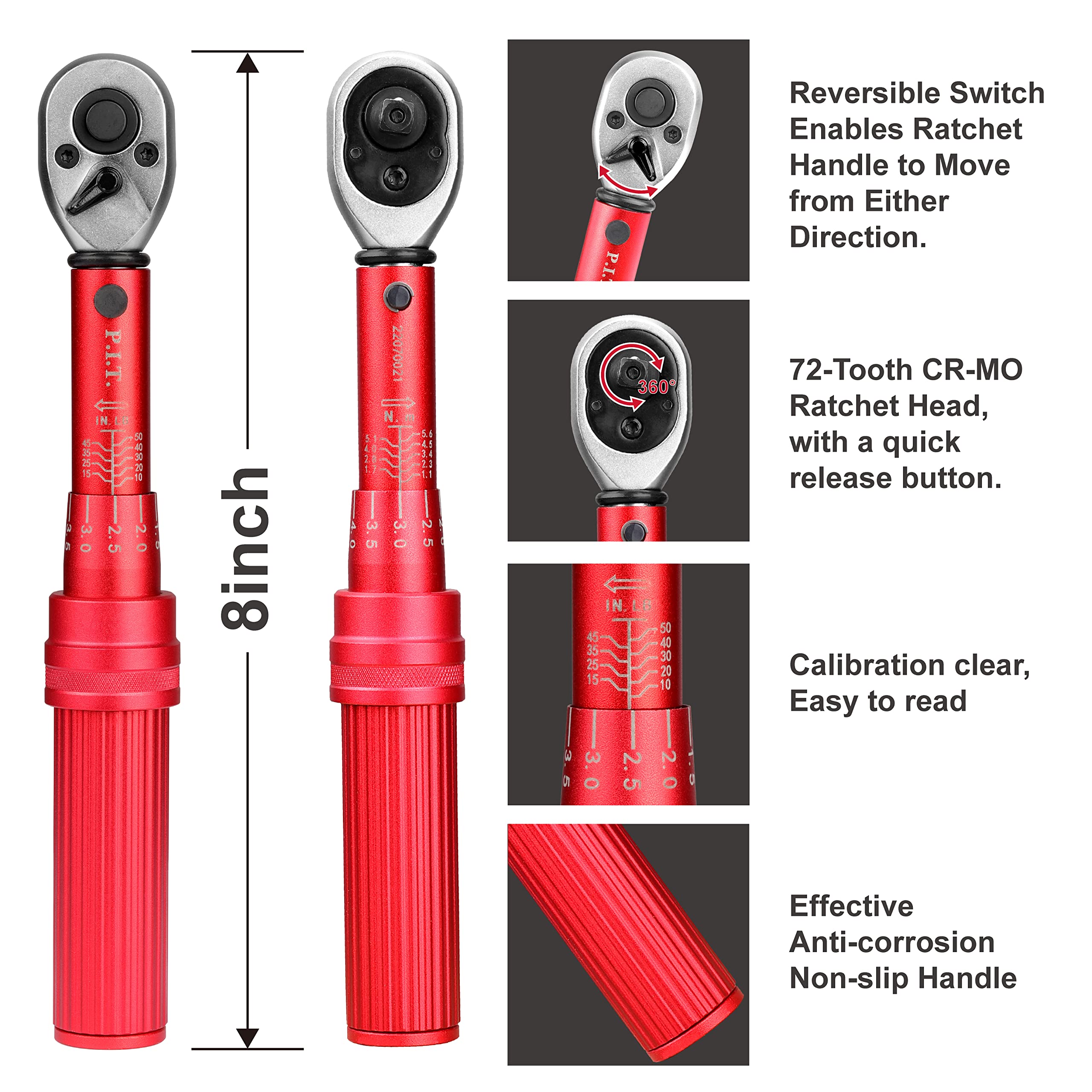 P.I.T. 1/4 Inch Drive Click Torque Wrench, 10-50 IN.LB with Dual-Range (in.lb/NM) scale setting, Hex & Torx Bit Sockets, Slotted Bit Screwdriver & Storage Box for Guns