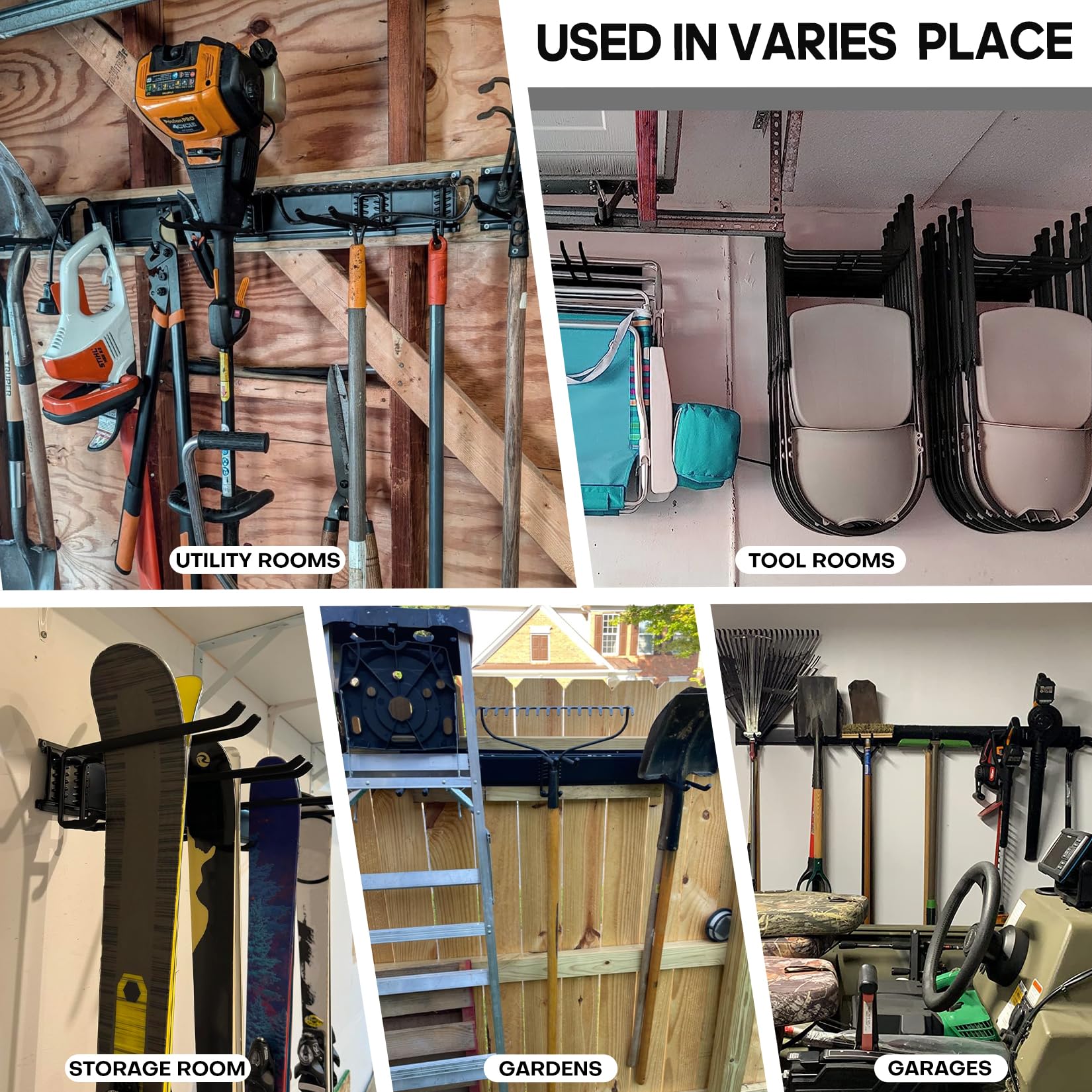 VONLX 48inch Garage Storage Organization Garage with Torpedo Level Mounted Garden Tool Organizer Wall Mount Adjustable Garage Organizers with 7 Heavy Duty Hooks Tool Holder for Hanging Max Load 440lbs