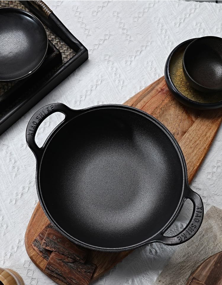 VONOTO Cast Iron Wok with Handles, Cast Iron Grilling Wok, Cast Iron Wok (8" inch)
