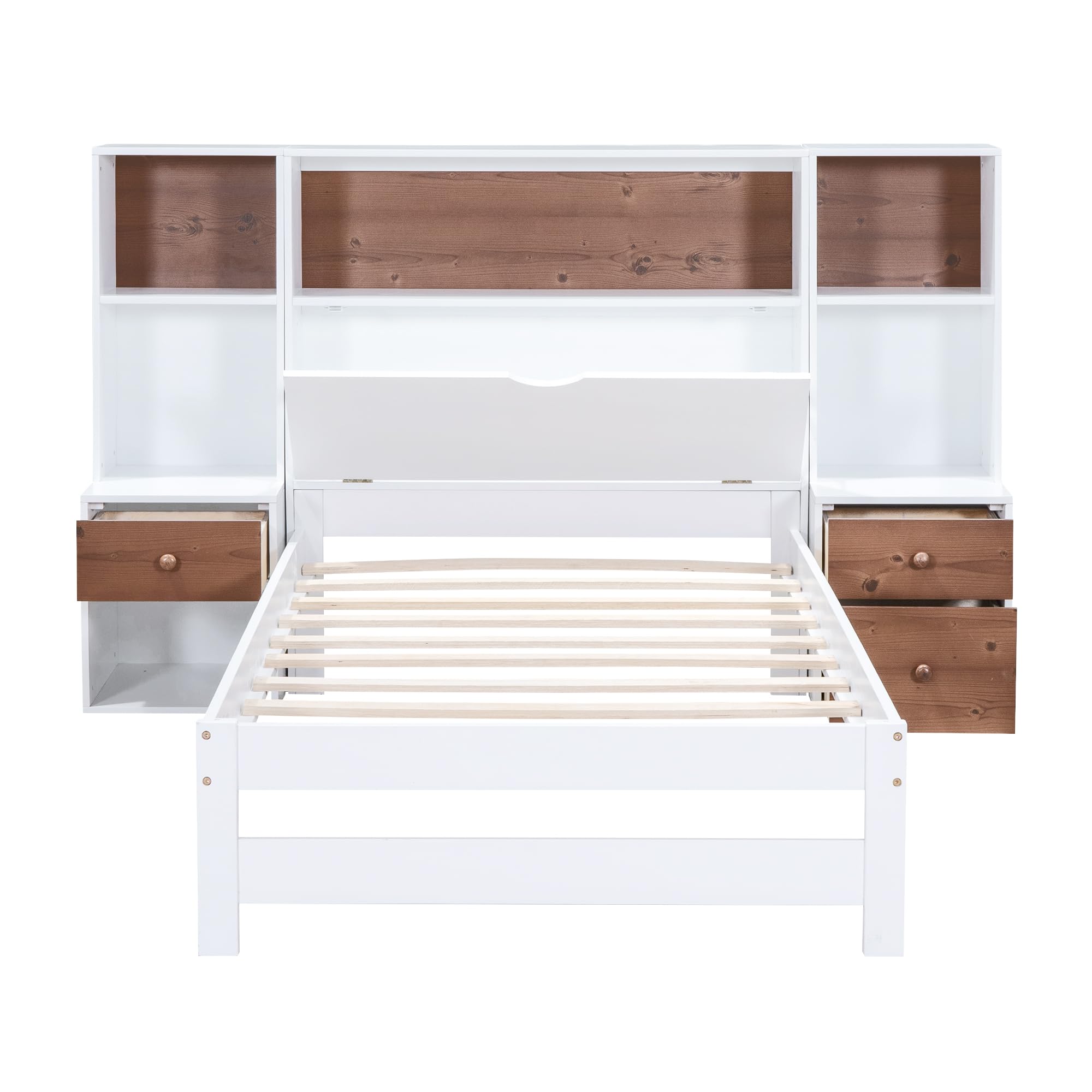 Twin Bed Frame with Storage Headboard and Drawers, Wood Twin Size Platform Bed with Flip-top Storage and Open Shelves, Twin Size Bed with Bookcase and Built in Nightstands, White (Twin)
