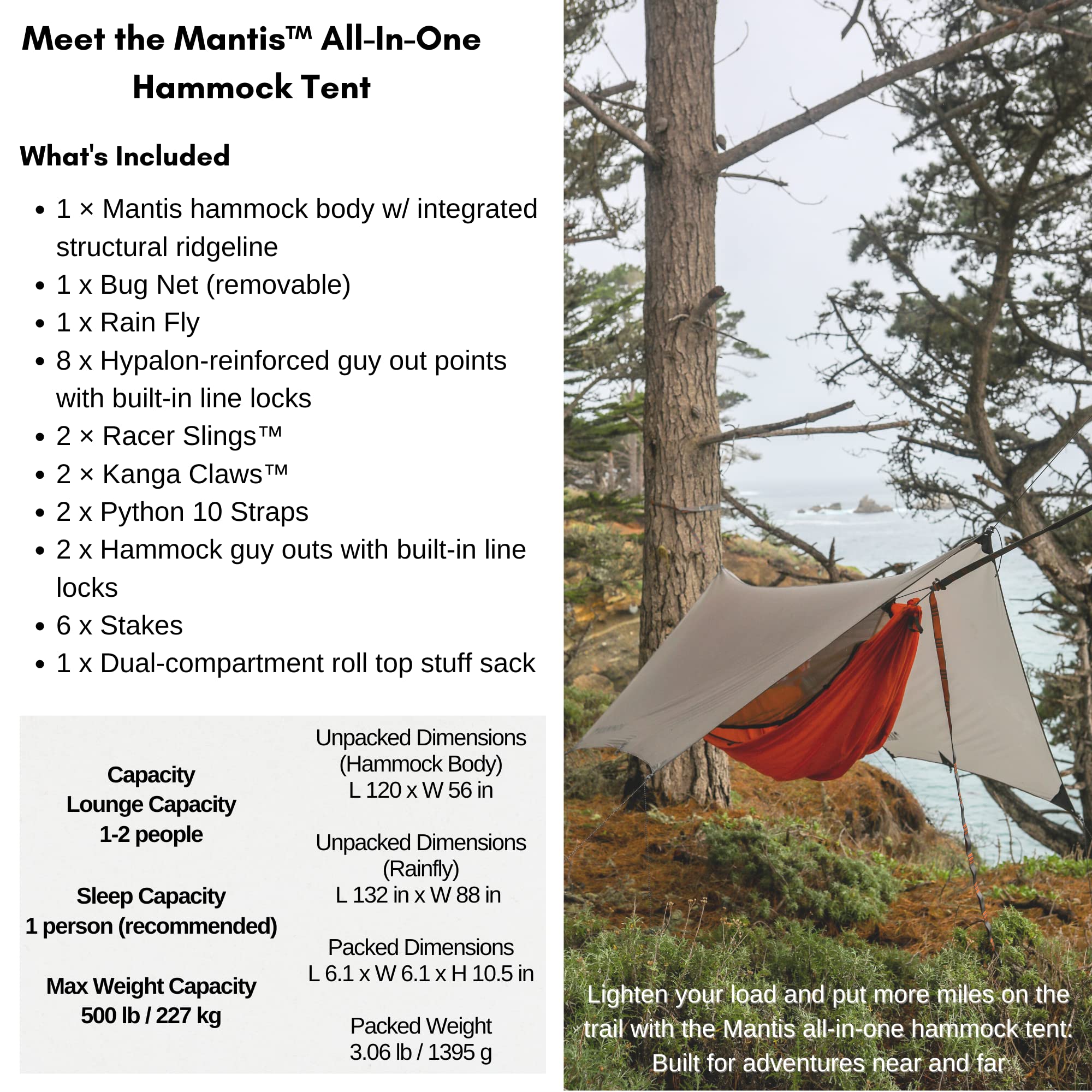 KAMMOK Mantis Ultra Light Hammock, All Seasons, Mosquito Net, Storage Bag, Camping, Outdoor Activities - Granite Gray