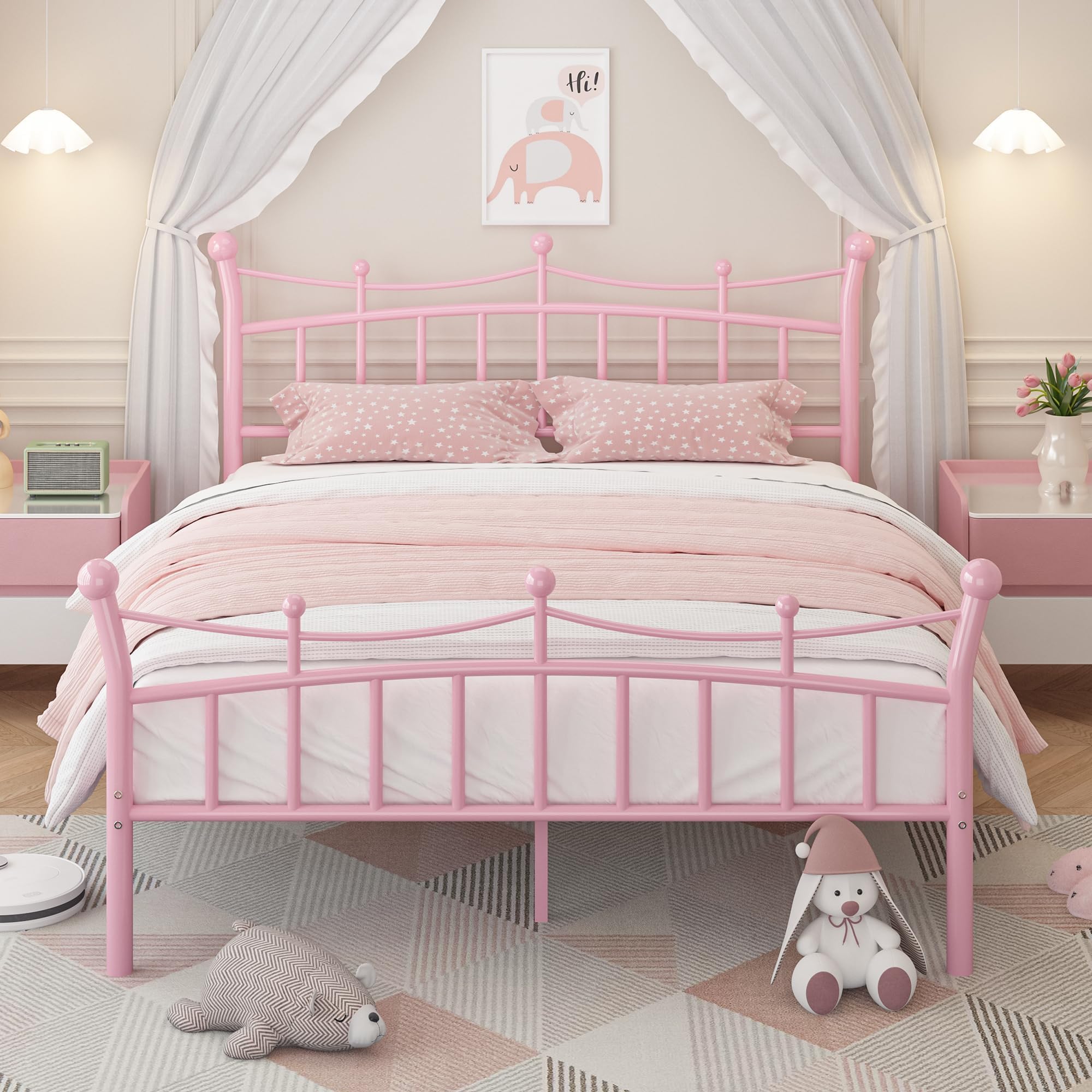 Twin Bed Frame with Crown-Shaped Headboard, Princess Bed for Kids/Girls, Heavy Duty Metal Platform Bed with Iron-Art Headboard and Footboard, No Box Spring Needed, Easy Assembly, White