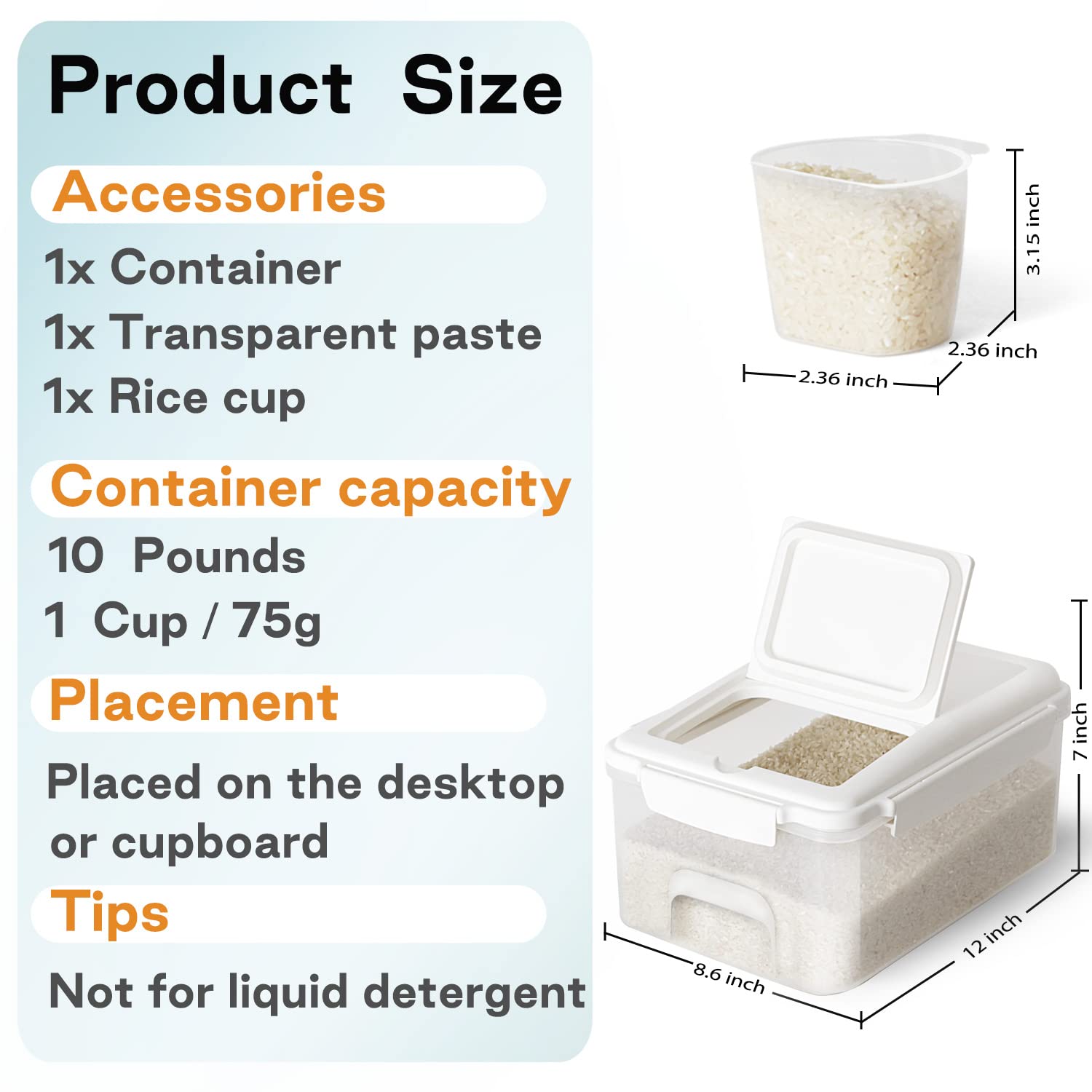 LivLab Rice Container - 10lbs Flour Dispenser with Lids & Cup BPA Free Kitchen Extra Large Storage Containers Cat/Dog Food Storage Container (10lbs)