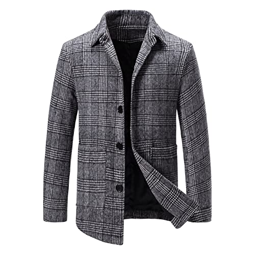 Mens Flannel Shirts Long Sleeve,Men's Casual Plaid Wool Blend Shacket Button Shirt Long Jacket Coat Gray Plaid Jacket