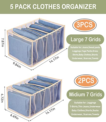 Wardrobe Clothes Organizer, 7 Grids Drawer Organizers for Clothing, Bedroom clothes organizer for folded clothes, Closet Organizers and Storage Baskets for Pants,T-Shirts, Jeans (5 Pack 2M+3L)