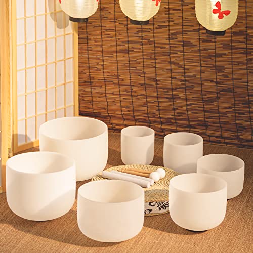 KVKA 7-12 inch Crystal Singing Bowls Set of 7 pcs Quartz Frosted Singing Bowls For Sound Healing with 2 PCS Travel Carry Case Bag (7-12inch, Random frequency)