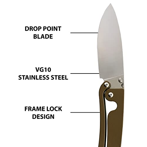 Revolt Knives Revolt Reflex Folding Pocket Knife VG10 Stainless Steel 3.2β Blade - Aluminum Alloy Scales Handle Frame Lock Design - EDC Every Day Carry Folder Knife, Brown