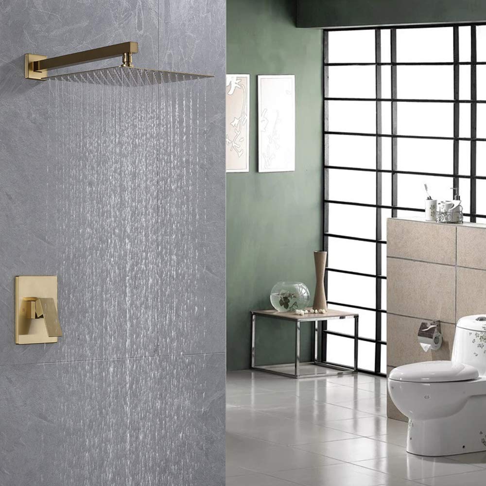 Iriber Single Function Shower Trim Kit with Rough-in Valve, Bathroom Gold Brushed Shower System Faucet Set with 12 Inch Rainfall Square Stainless Steel Metal Showerhead, Champagne Bronze