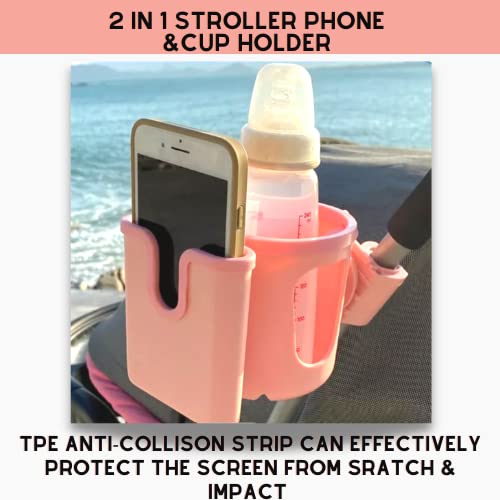 Stroller Cup & Phone Holder/ Universal 2-in-1 Cup Holder for Bike, Wheelchair, Walker, Beach Umbrella and More!(Pink) STC2IN1