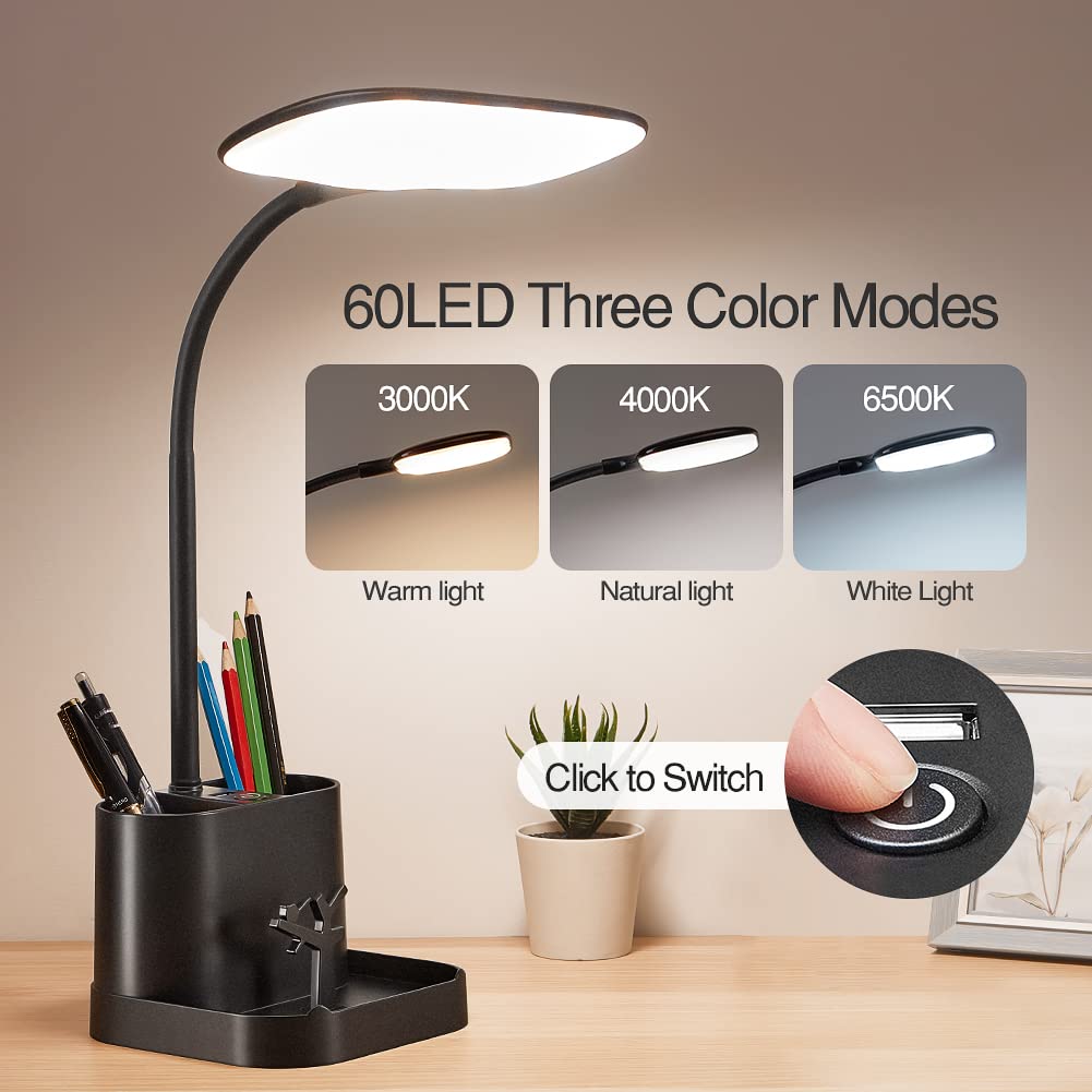 Mubarek Desk Lamps for Office Lamp 8W+3 Light Colors, USB Rechargeable & Dimmable Office Desk Lamp with USB Charging Port, 60LED+150Lumen LED Desk Lamps for Home Office Lamp LED Desk Light with Pen