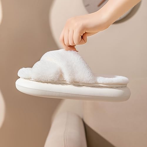 WATMAID Womens Slippers Fluffy Slippers Ultra Soft Open Toe Fuzzy House Slippers Plush Fur Slippers Memory Foam Slippers for Womens Thick Sole,White