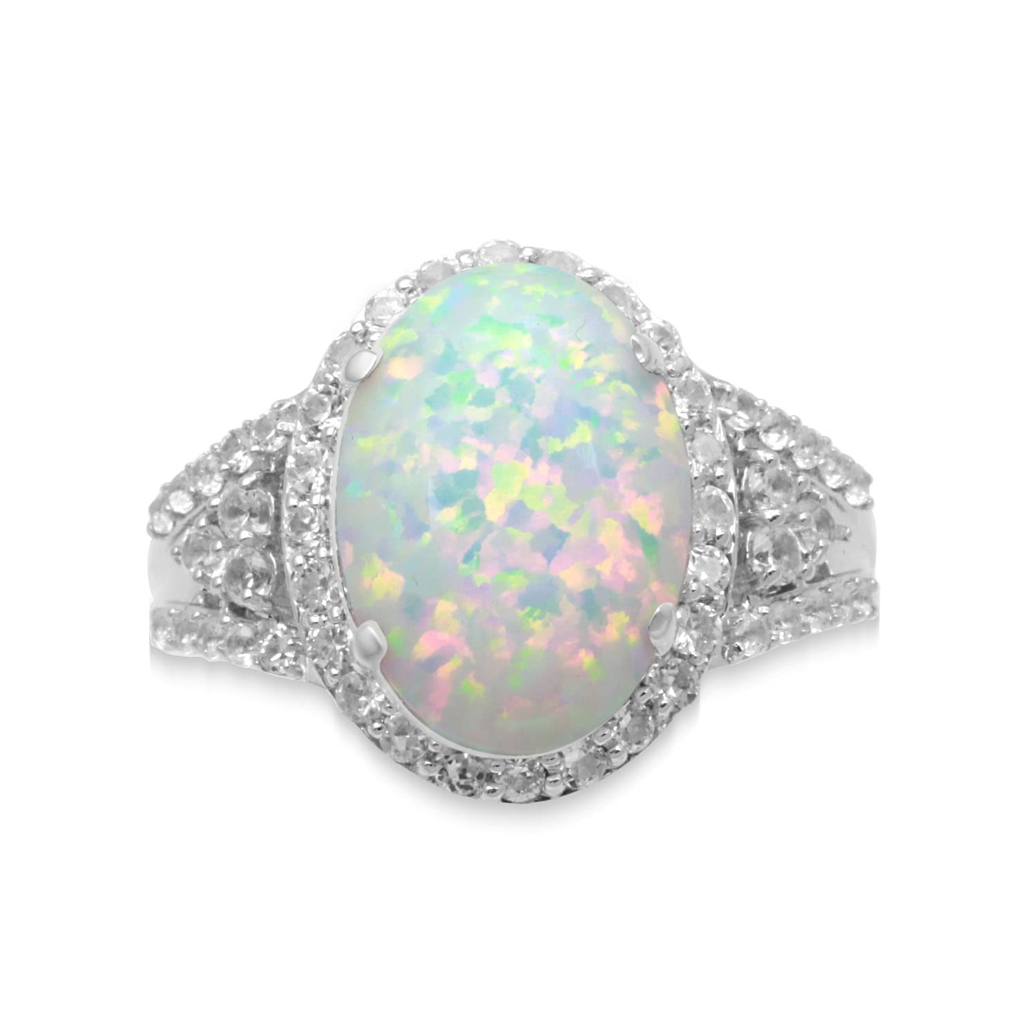 Jewelili Sterling Silver 14x10 MM Oval Created Opal and Round Created White Sapphire Halo Ring, Size 7