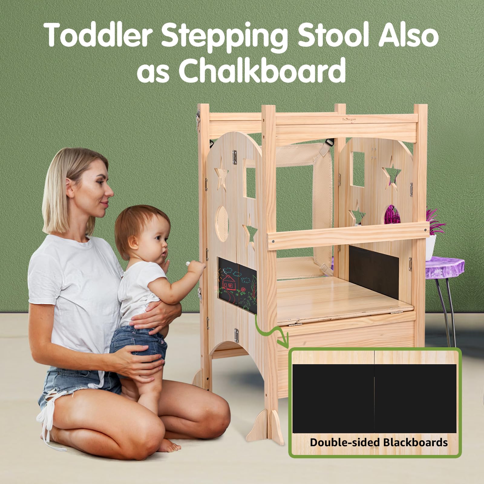 Ixdregan Toddler Kitchen Step Stool for Toddlers - Toddler Stool with Cute Cartoon Design, 3 Height Adjustable Toddler Stool for Kids 18M+, Safe Toddler Stepping Stool Supports 130LB-Natural Wood