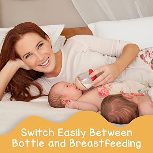 mimijumi Growing Up Baby Bottle Set (4 pcs.) Transition Pack - Lighter Slow Flow to Fast Flow Nipples, 4 oz to 8 oz Anti-Colic Bottles for Breastfed Babies - Newborn to 18 Months