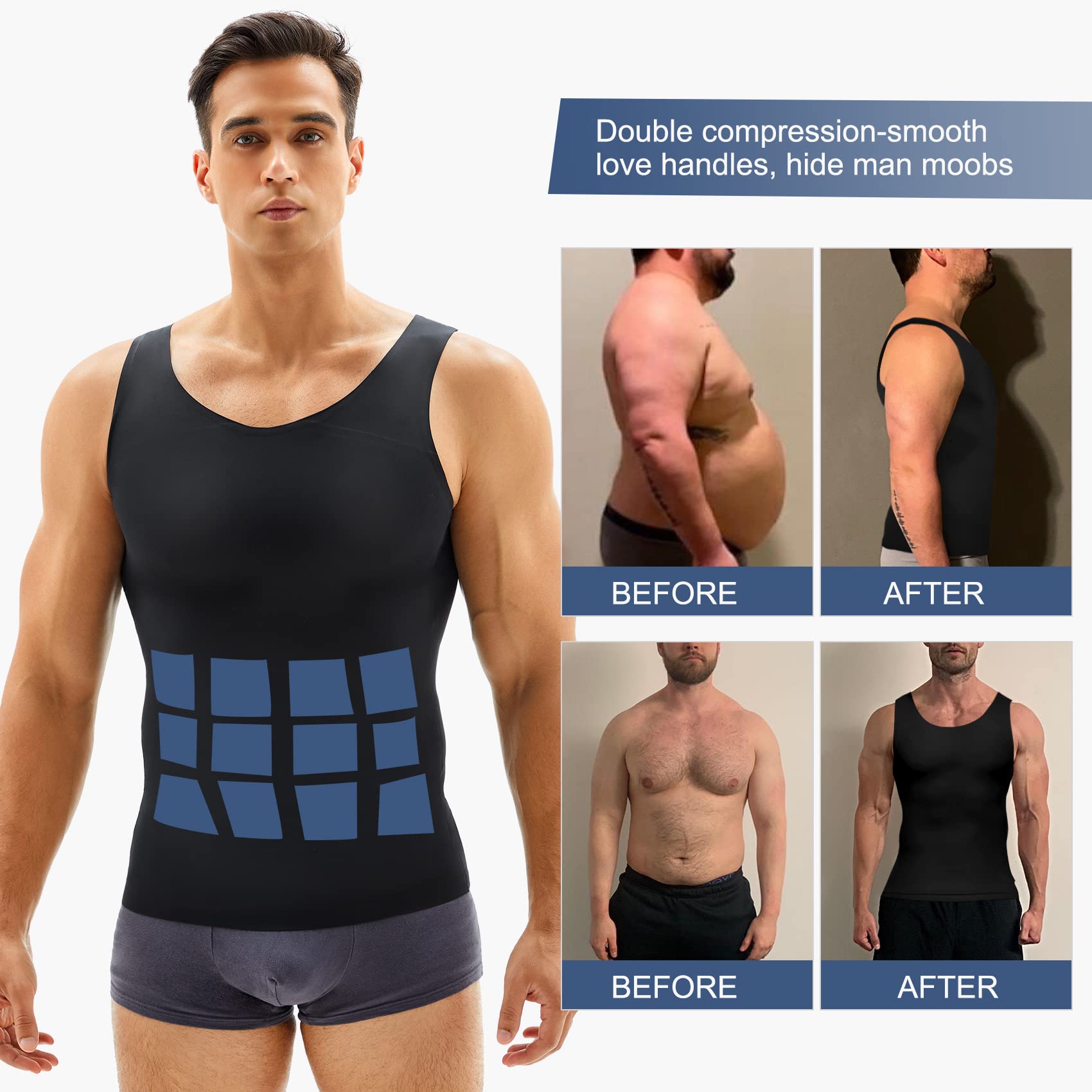 MOLUTAN Compression Tank Top Men Compression Shirt Slimming Body Shaper Vest Sleeveless Undershirt Shapewear Black