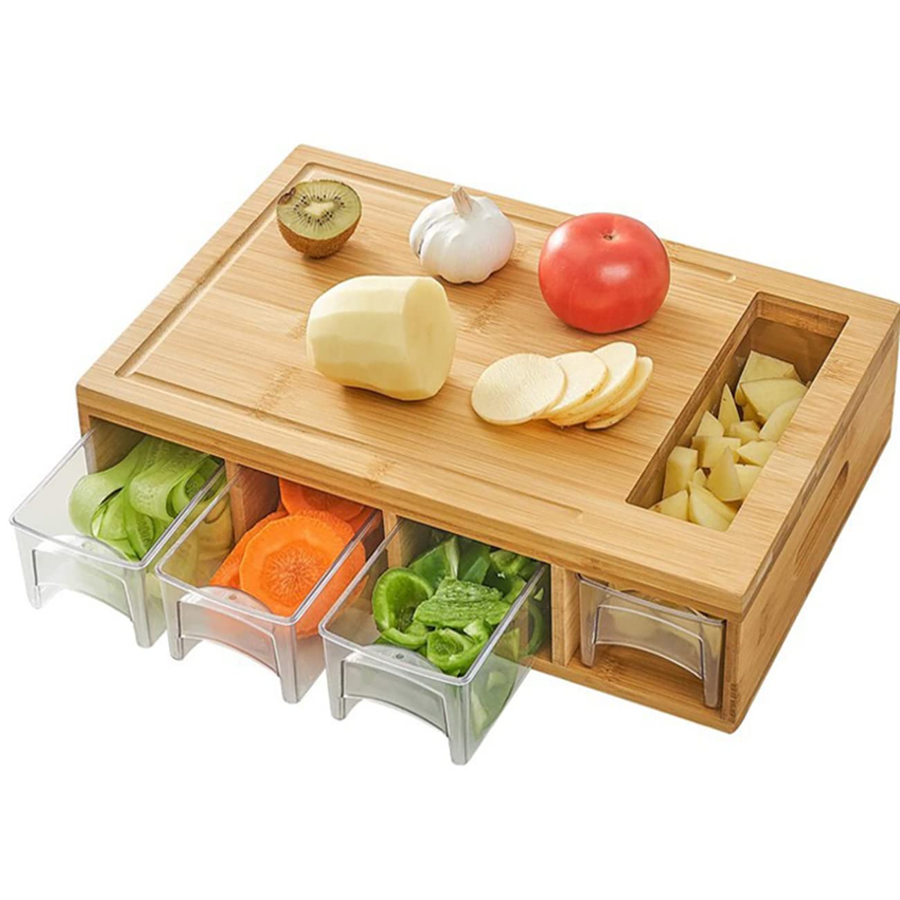 OLOZIQ Bamboo Cutting Board with Trays and Lids Storage Containers β Multifunction Easy Chopping Meal Prep Station with Juice Grooves β 4 Multi-Functional Graters Included with Food Sliding Opening