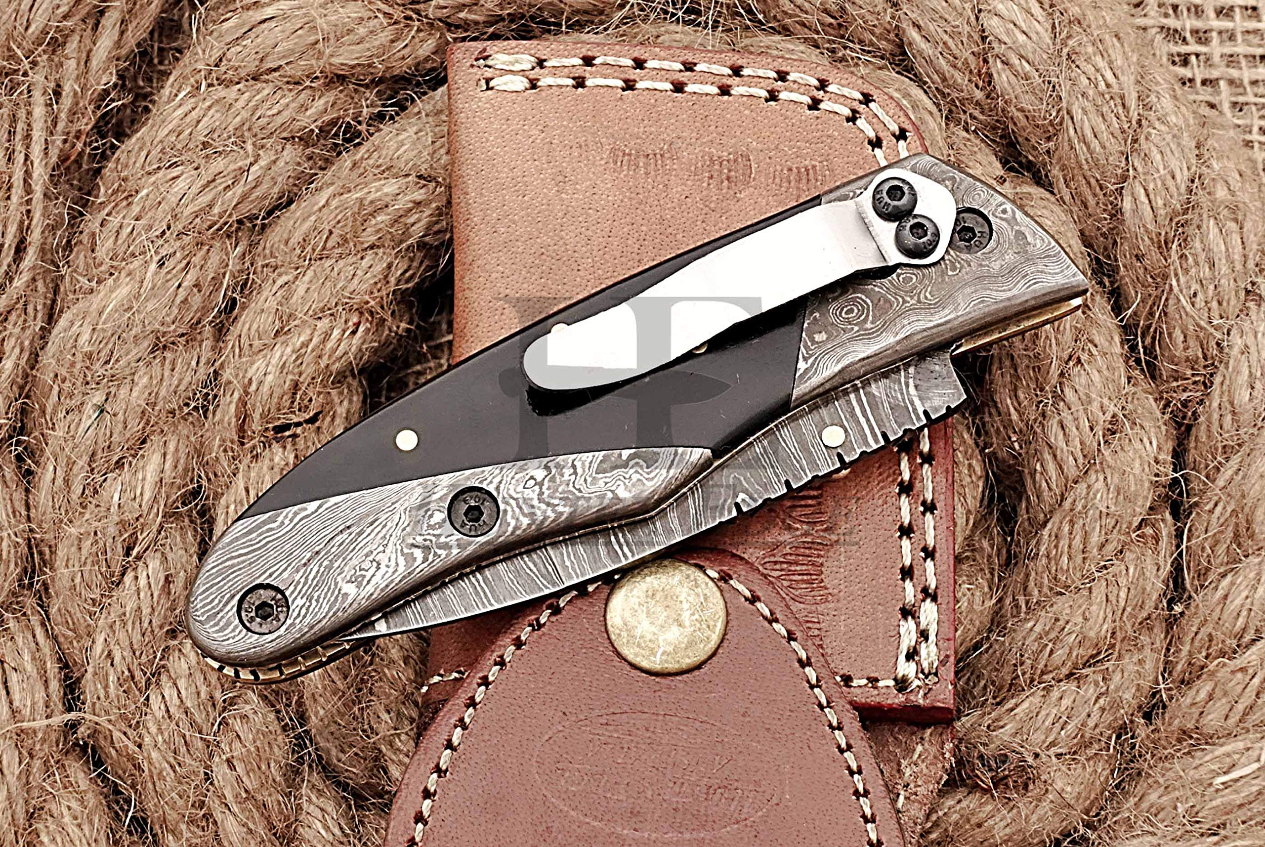 HUNTEX Custom Handmade Hand-Forged Twist Pattern Damascus Steel 4 Inch Long Natural Walnut Wood Handle Razor Sharp Hunting Folding Pocket Spear Knife with Pocket Clip & Genuine Leather Pouch