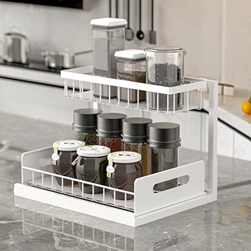 WZMYO Under Sink Organizers and Storage-2 Pack L-Shape Heavy Duty Metal Slide Out Pull Out Drawers Under Cabinet Storage Around Plumbing, for Under Kitchen Bathroom Sink Organizers and Storage(White)