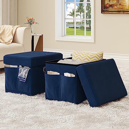 YITAHOME Foldable Storage Ottomansā Velvet Tufted Ottomans with Lid, Multipurpose Organizers for Bedroom, Living Room, Dorm or RV (Set of 2, Blue)