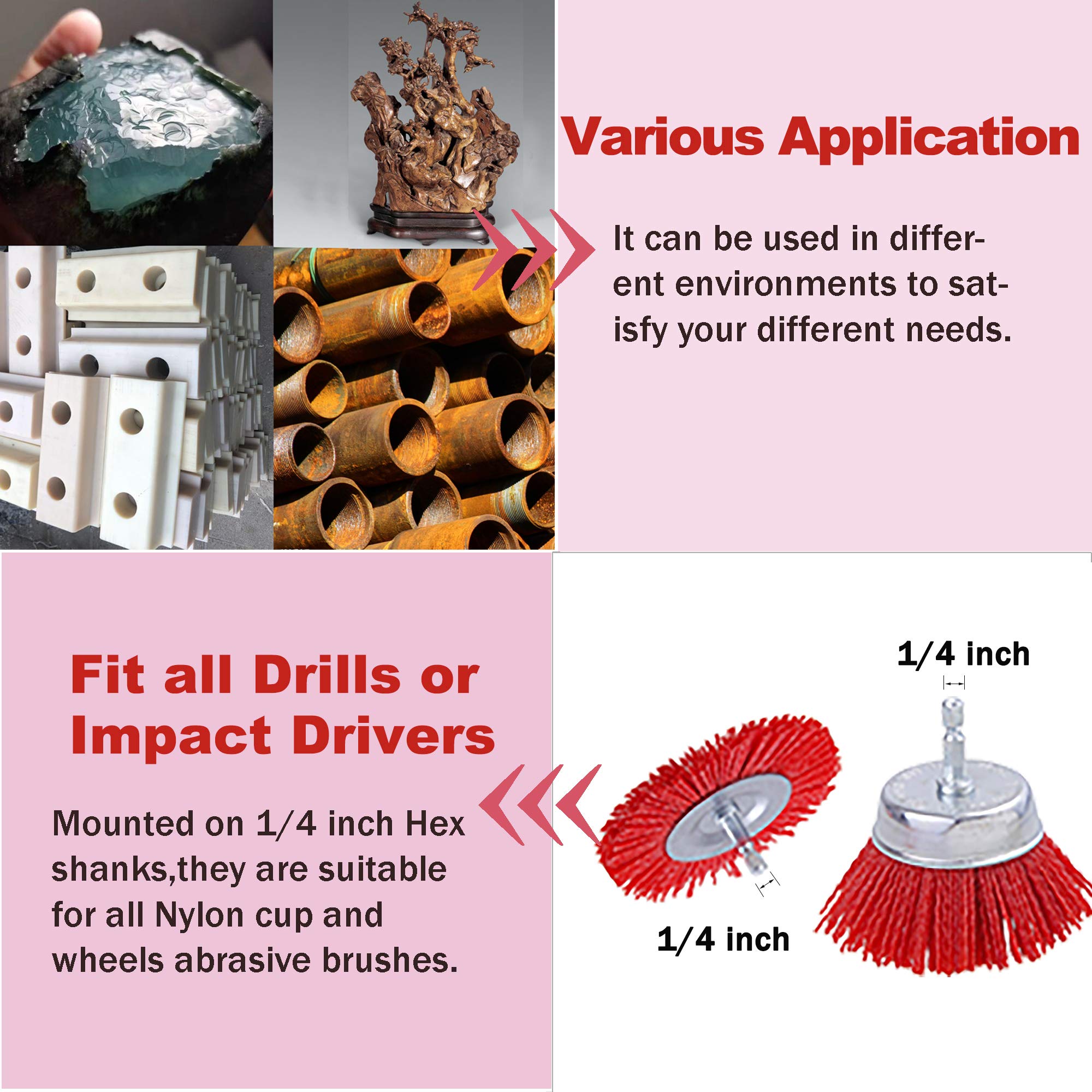 Rocaris 10 Pack Nylon Filament Abrasive Wire Brush Wheel & Cup Brush Set with 1/4 Inch Hex Shank, for Removal of Rust/Corrosion/Paint