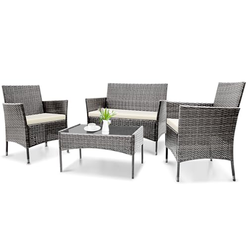 TINKLE WELL 4-Piece Brown Patio Furniture Set β Sectional Wicker Rattan Sofa with Thick Cushions and Table for Garden, Yard, or Porch