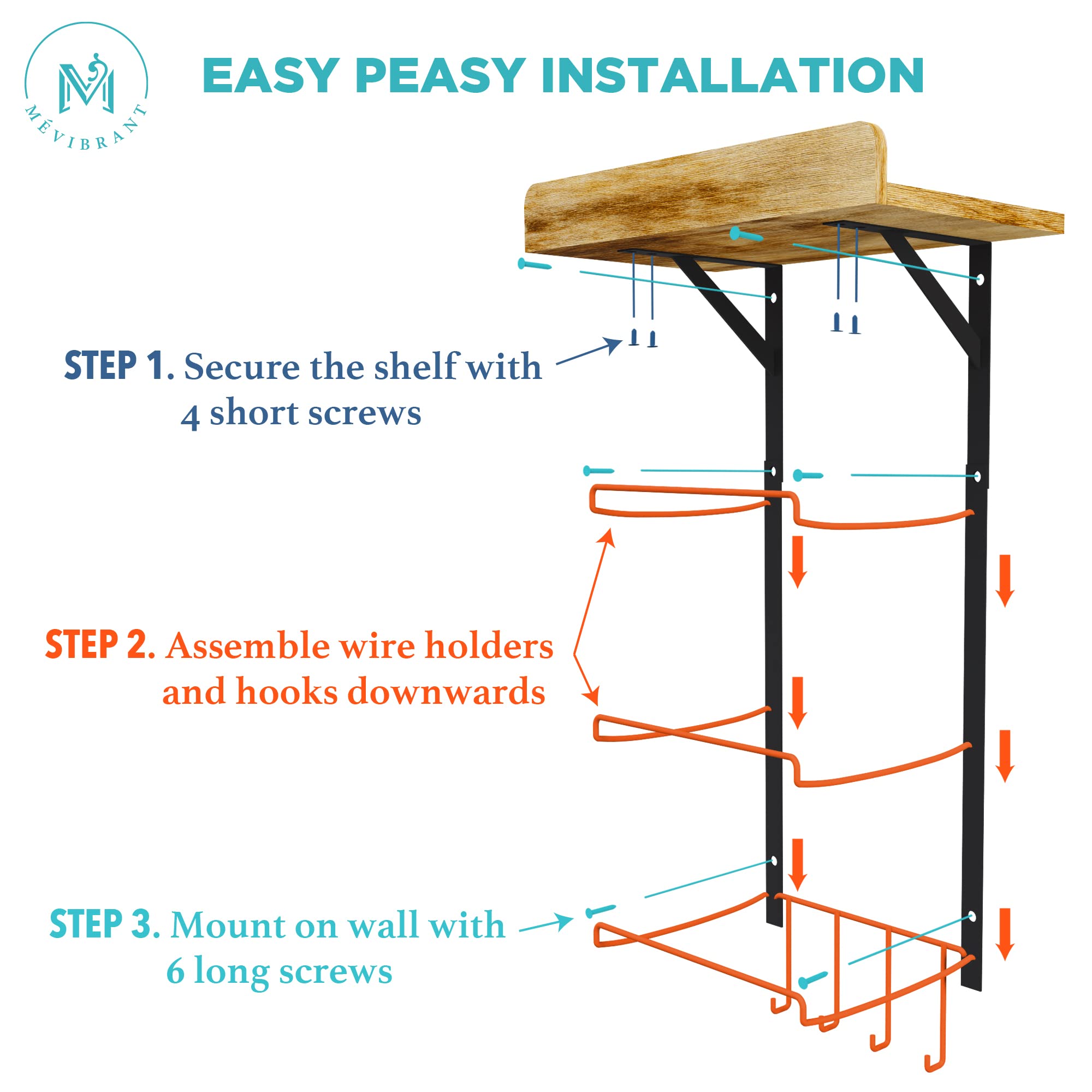 Yoga Mat Holder Wall Mount - 3 Tier Rack and 1 Wood Shelf with 4 Hooks - Ideal Storage Organizer for Home Gym Equipment and Workout Exercise Accessories and Easy to Install