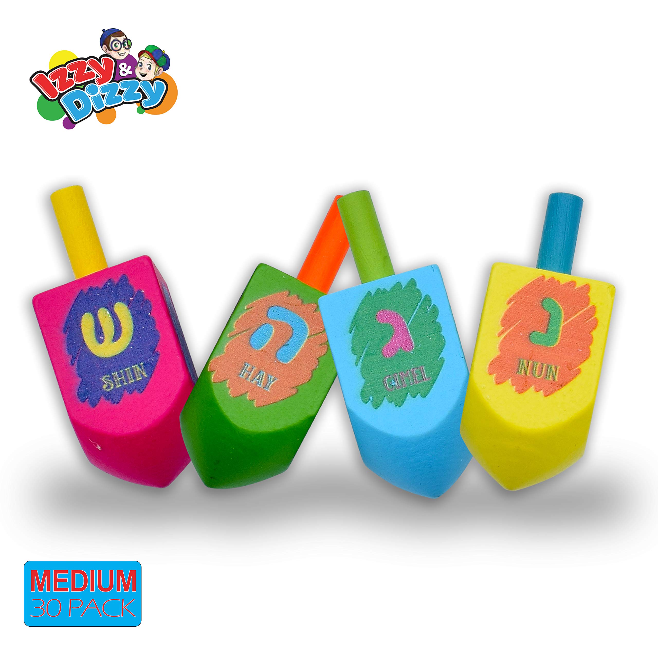 Izzy 'n' Dizzy Hanukkah Dreidels - Multi Colored Painted Wood Dreidel - 4 Pack Medium
