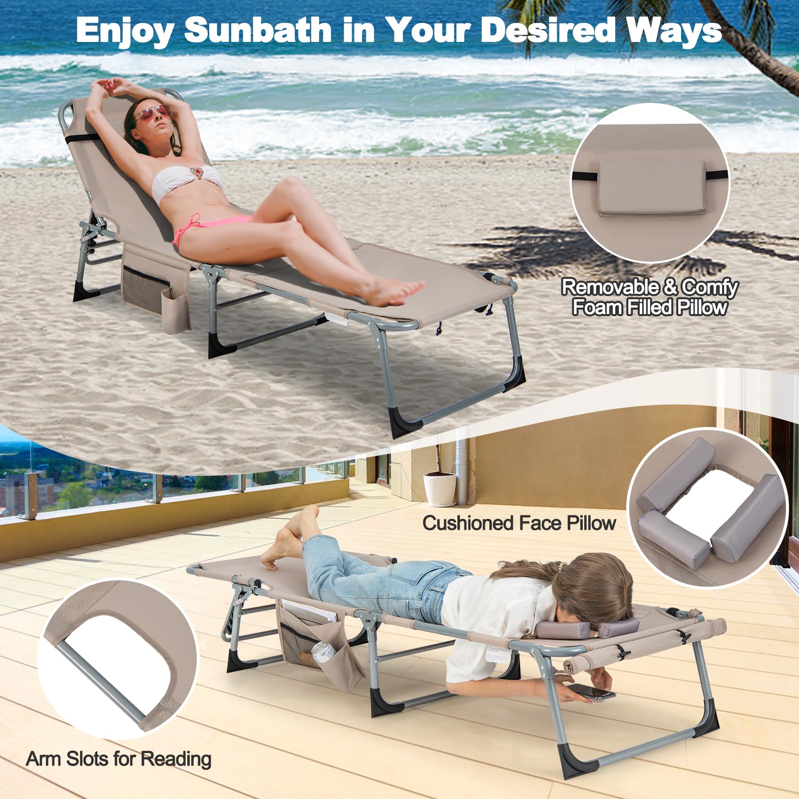Tangkula Beach Lounge Chair, Outdoor Folding Tanning Chair with Face/Arm Hole, 2 Carry Handle, Pillow, Adjustable Backrest, 400 LBS Face Down Sunbathing Chair for Outside Beach Poolside