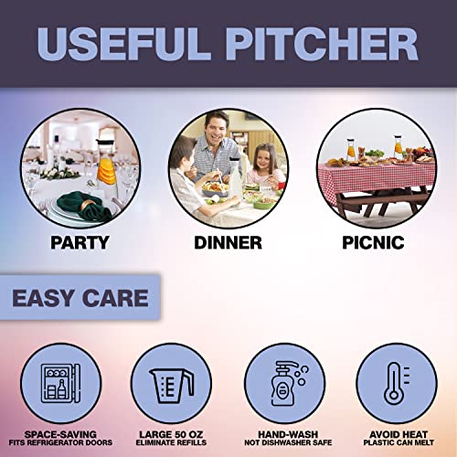 UMIEN Carafe Pitcher β Clear Beverage Carafes with Flip Top Lid, Iced Tea, Mimosas, Laundry Detergent, Milk, Juice β Easy Pour BPA Free Plastic Drink Container, 50 Ounce Round bottoms - 2 pack
