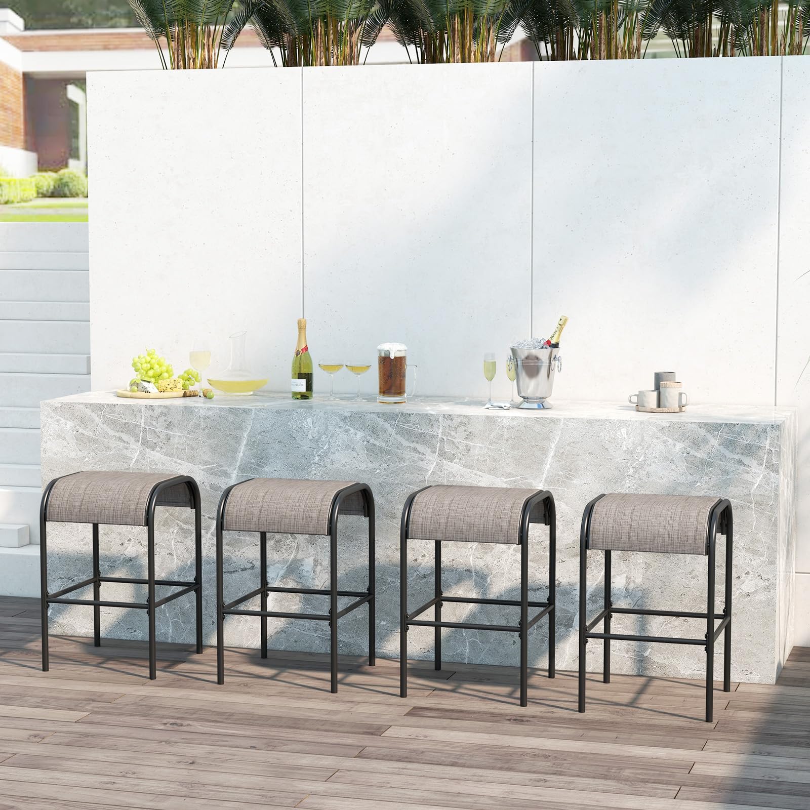 Tangkula Outdoor Bar Stools Set of 4, 30" Bar Height Bistro Stools with Breathable Fabric Seat & Heavy-Duty Metal Frame, Backless Bar Chairs with Curved Seats for Patio, Poolside, Backyard (4, Coffee)
