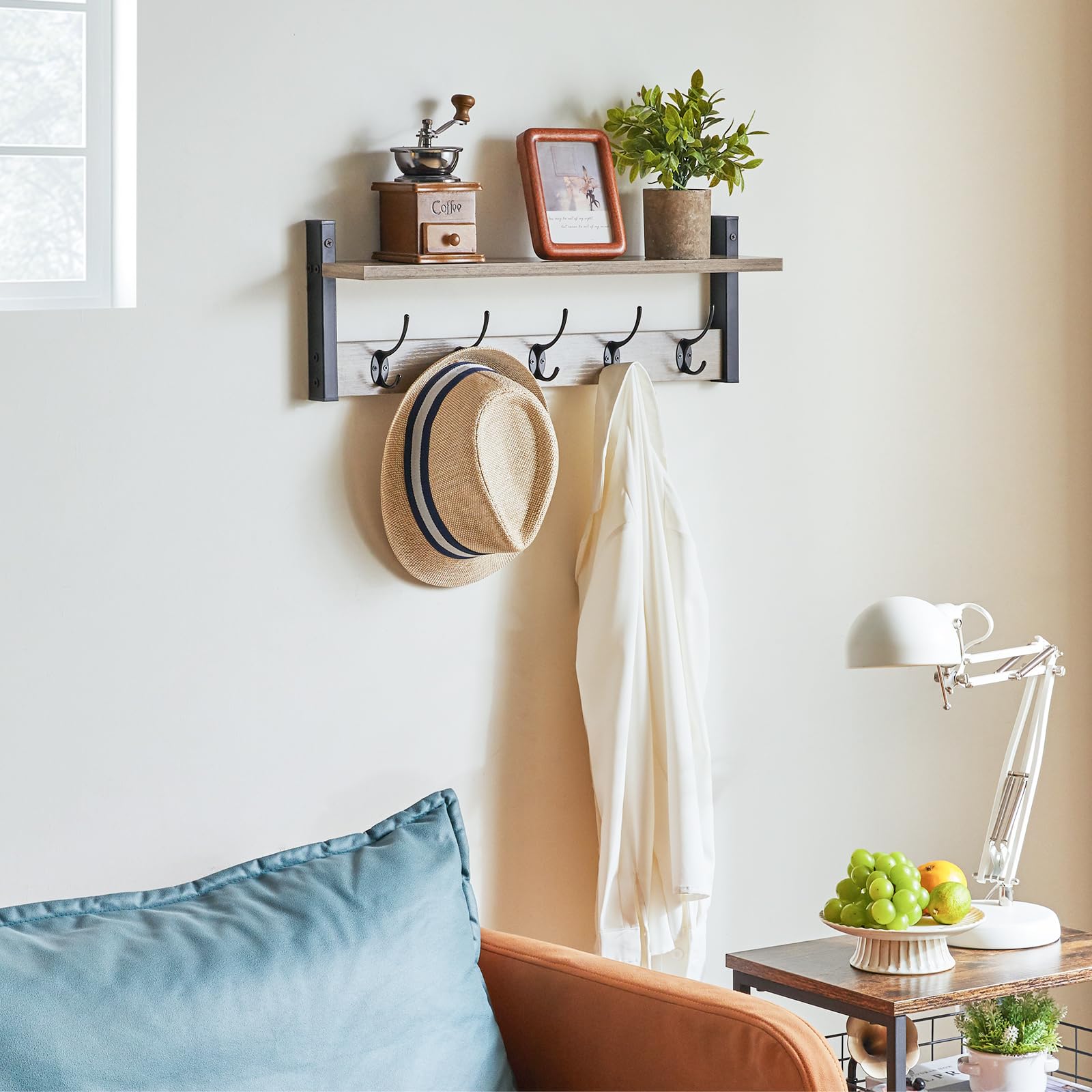 YMYNY Coat Rack Shelf Wall Mounted, Coat Hooks with Storage, Wall Floating Shelf with 5 Metal Hooks, 23.6" Entryway Floating Shelf for Kitchen, Bedroom, Bathroom, Silver Gray UHWS004Y