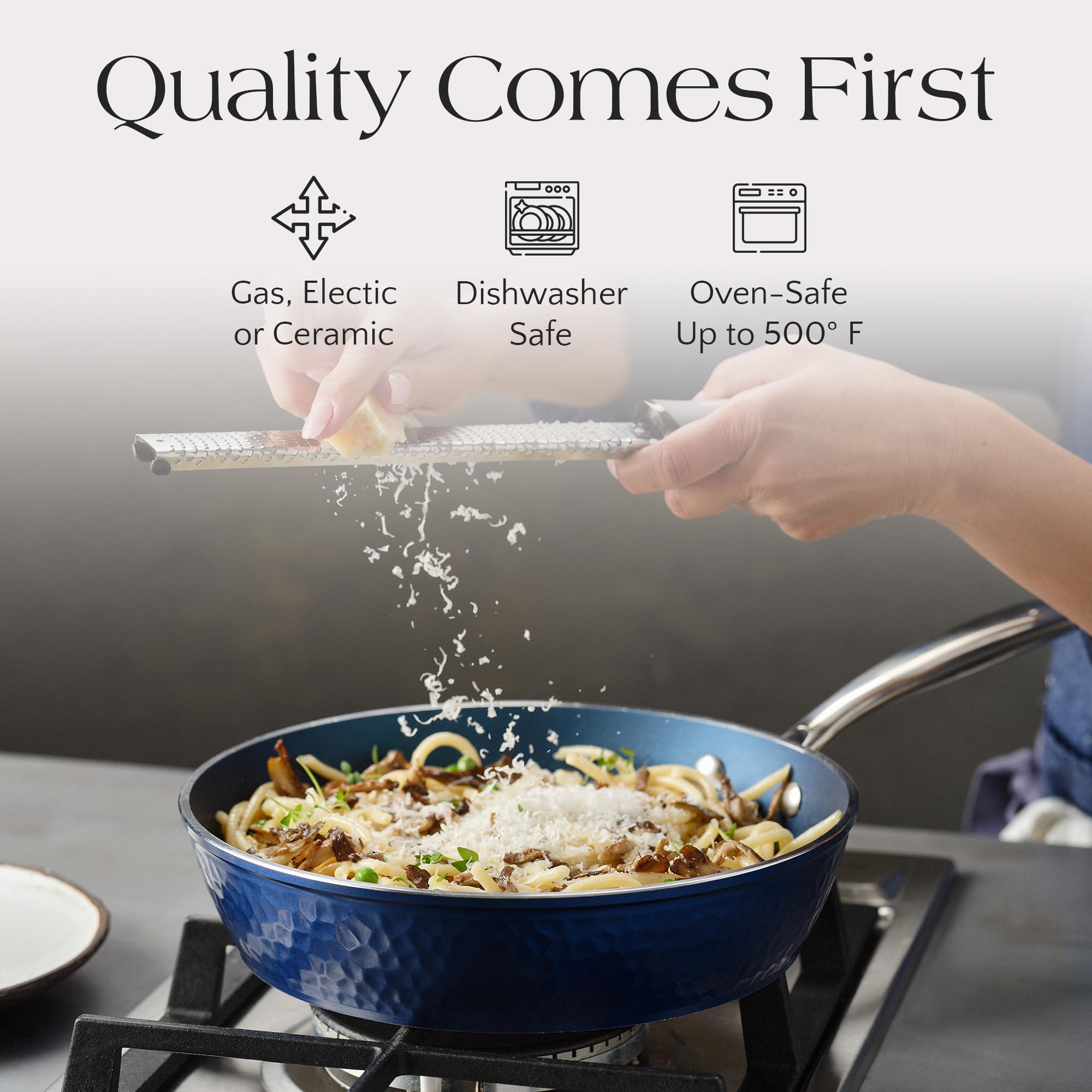 OrGREENiC Blue Hammered Collection - Non-Toxic, Non-Stick Ceramic 10 Piece Cookware Set with Glass Lids, Scratch-Resistant, Oven Safe with Upgraded Handles, Safe Pan for All Stovetops