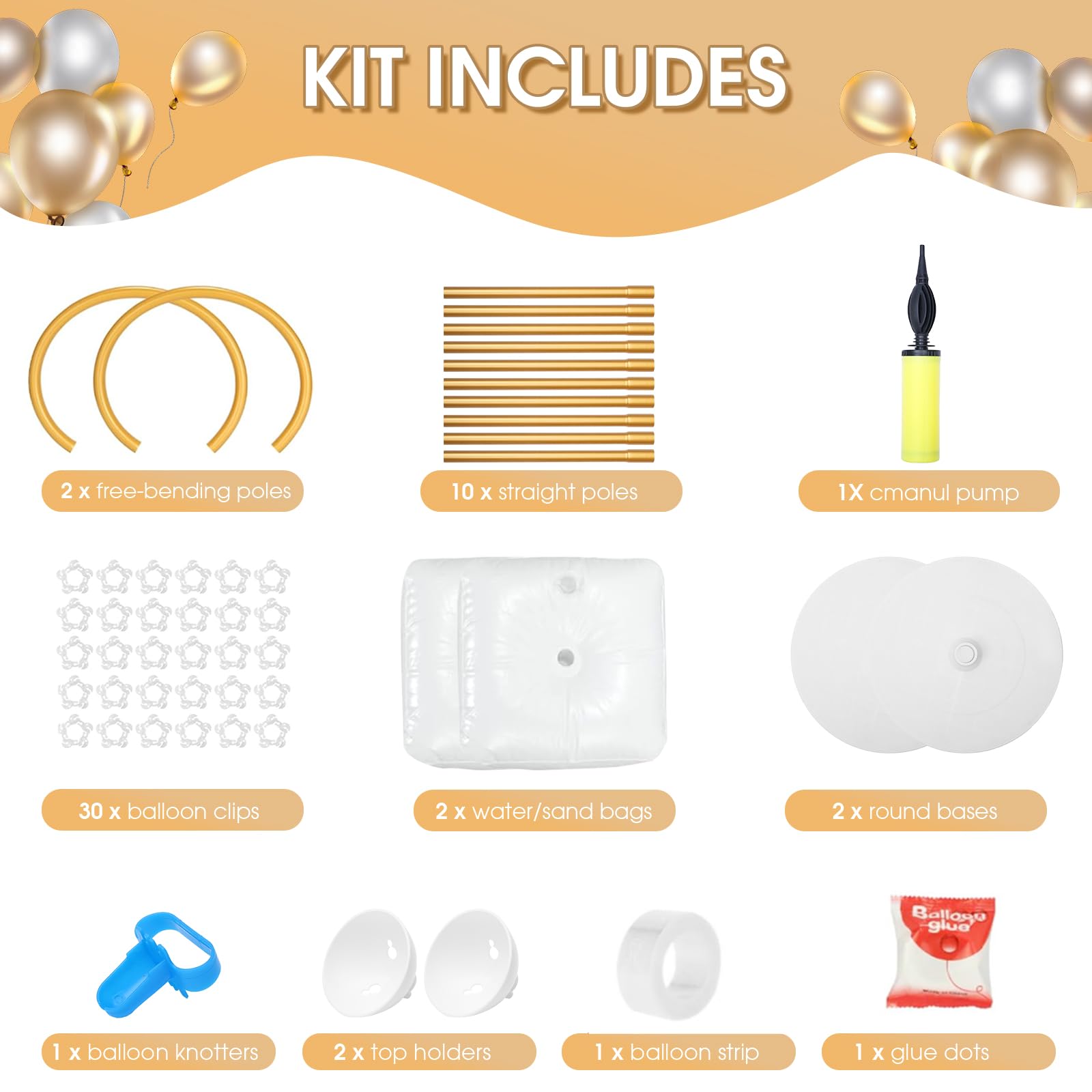 Versatile Balloon Arch Kit - Adjustable 8.2FT & 6FT Bendable Balloon Stand with Bases and Manual Pump, Perfect for Weddings, Birthdays, Baby Showers, Holidays, Graduations, Party Decorations (White)