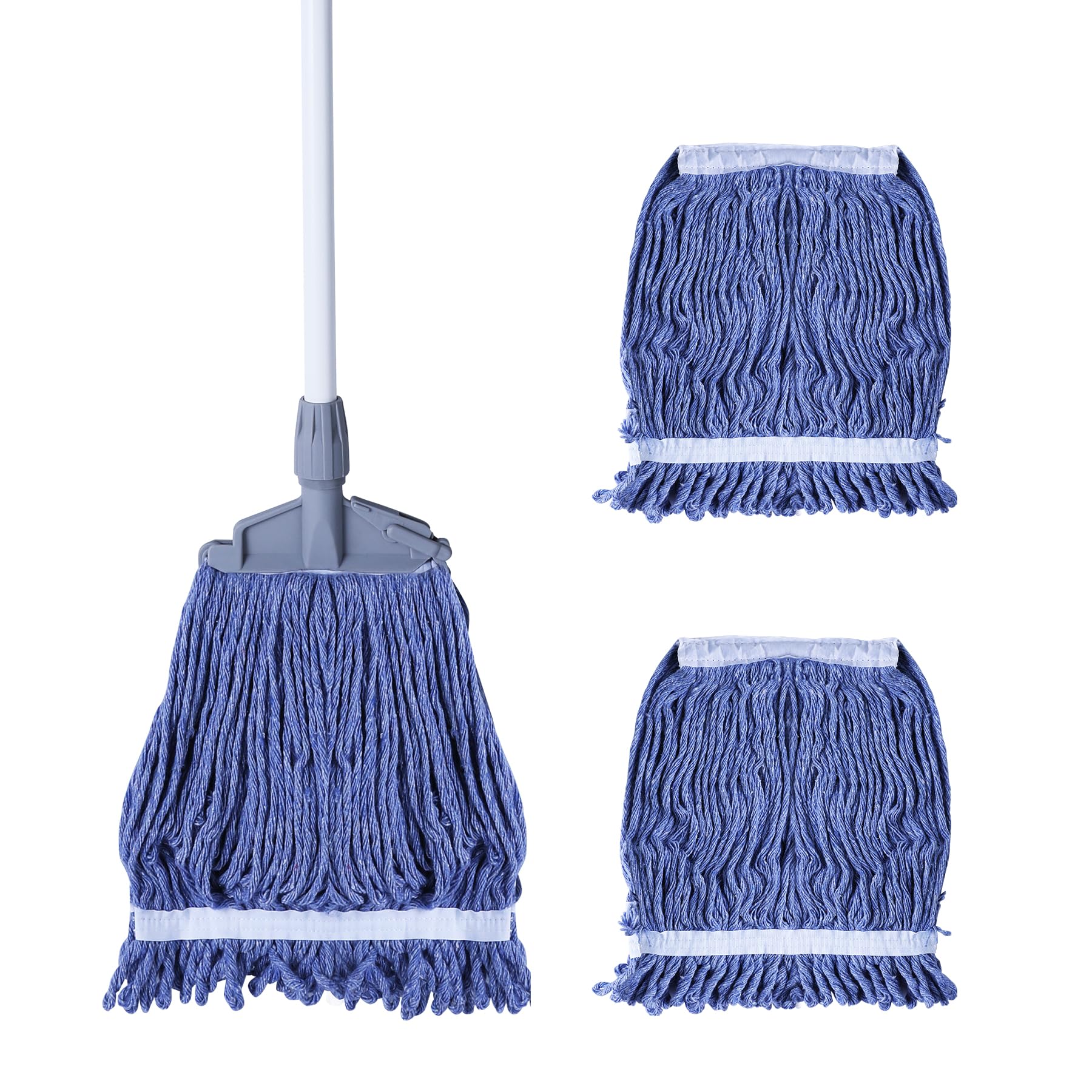 Yocada Looped-End String Wet Mop Heavy Duty Cotton Mop Commercial Industrial Grade 64.1" Long Iron Pole for Cleaning Office Garage Hardwood Warehouse Factory Mall Deck with Totally 3 Mop Heads