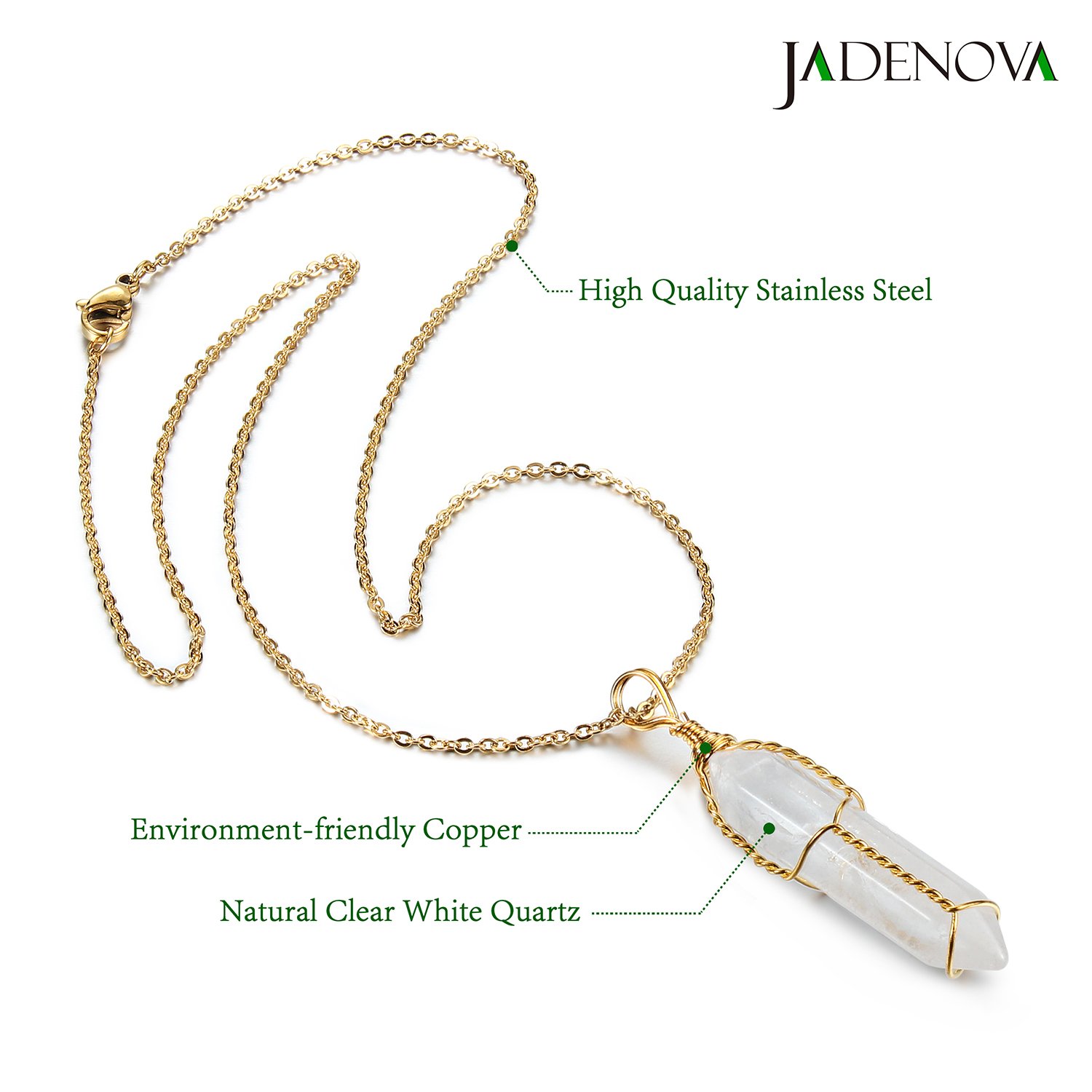 JADENOVA Full Wire Wrapped Energy Healing Crystal Gemstone Pendant Necklace 18 Inches Stainless Steel Chain(Natural Clear White Quartz)
