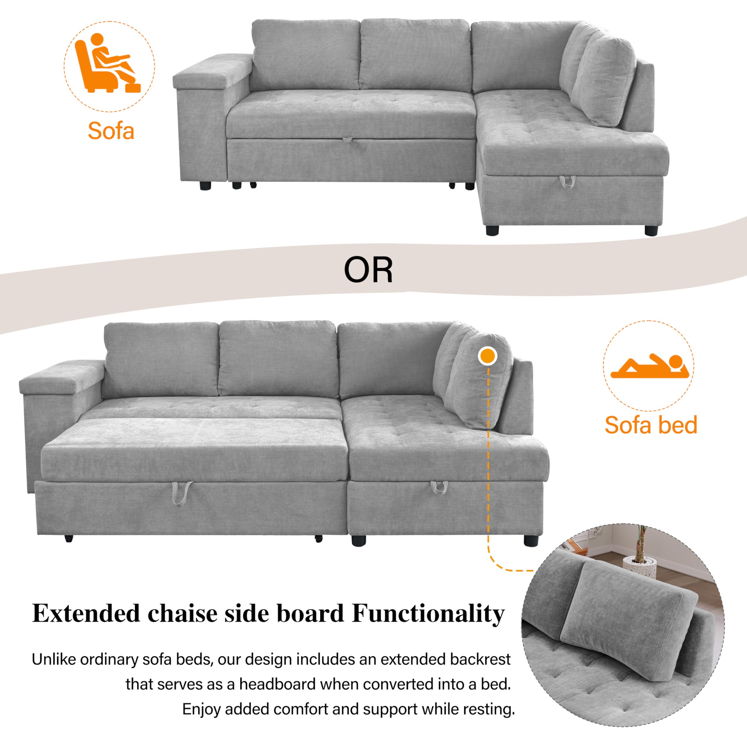 ZEIINPA 91.5β Modern Sleeper Sofa Bed, Linen Pull Out Couches with Storage Chaise, Comfy L-Shaped Sofa with Wooden Armrest Tray for Living Room, Apartment, Office, Studio, Home Theater-Grey