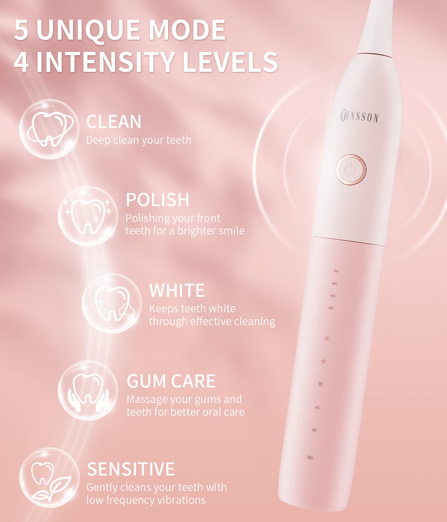 TINSSON Sonic Electric Toothbrush for Adults and Kids with 8 Replacement Brush Heads, Rechargeable Tooth Brush 5s Splash-Proof Fast Charge for 180 Days with 5 Modes, 2 Minute Smart Timer, Pink
