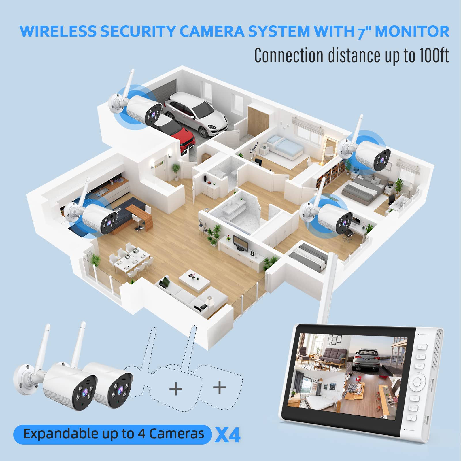 Security Camera System Wireless Outdoor with 7" Portable Monitor, 4Ch Rechargeable NVR with 2Pcs 2MP Home Security Cameras & 32GB SD Card, No WiFi Need, 2 Way Audio, IP66 Waterproof, APP Remote Access