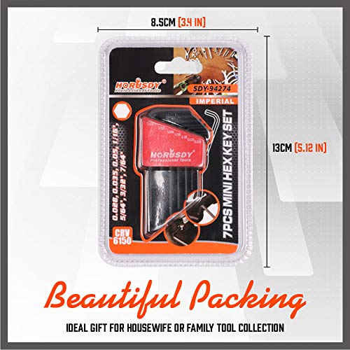 SEDY 7-Piece Mini Hex Key SAE Set, Imperial L Shape Allen Wrench, 0.028, 0.035, 0.05, 1/16", 5/64", 3/32", 7/64", Cr-V