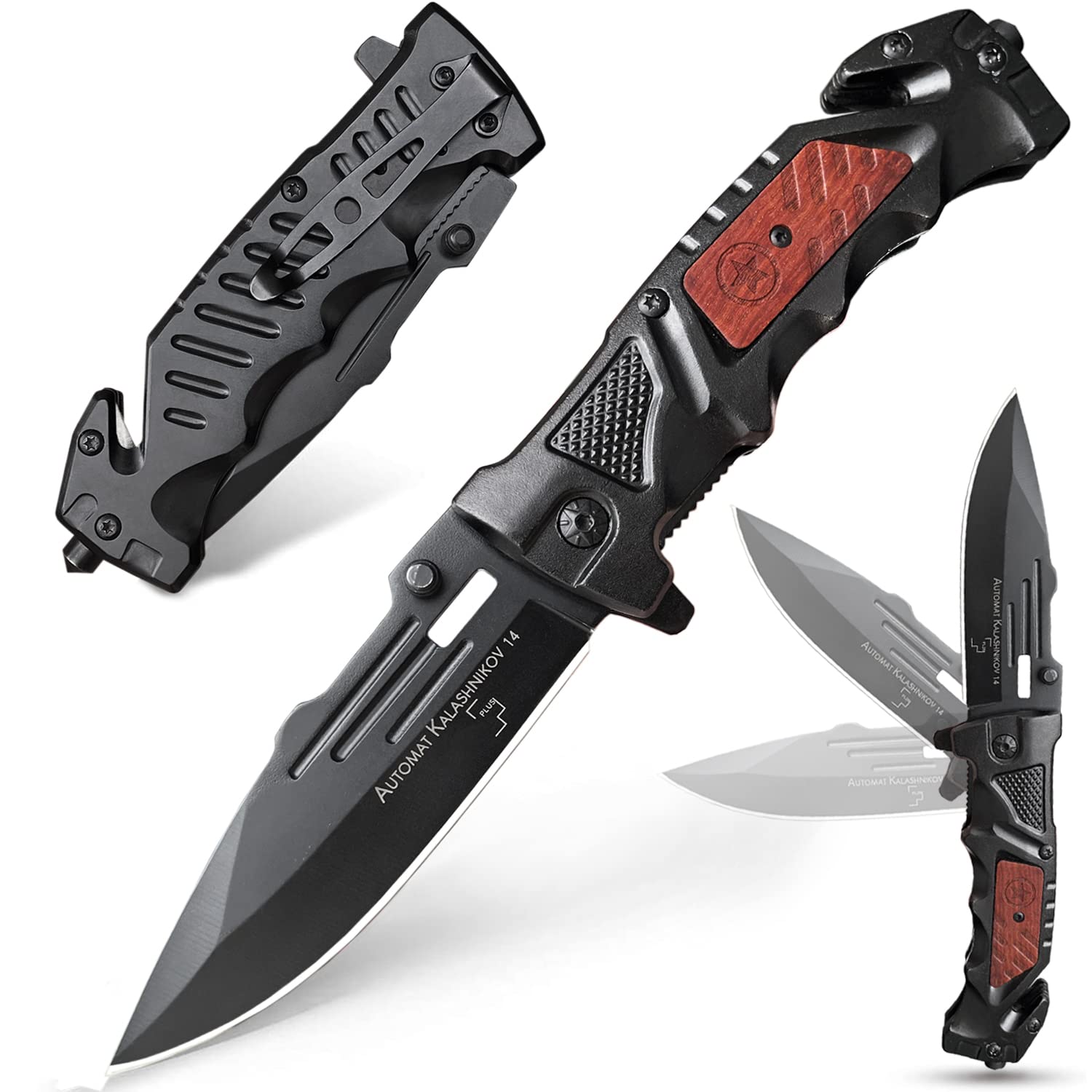 Pocket Knife for Men, Tactical Folding Knives with Clip, Glass Breaker & Seatbelt Cutter, EDC Survival Knife for Emergency, Cool Pocket Knives for Outdoor Camping Hunting Fishing