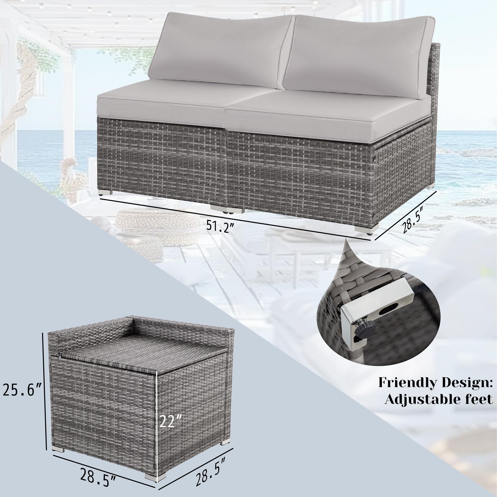 WenHaus 3 Piece Patio Wicker Corner Sofa Set,Outdoor PE Rattan Sofa Furniture for Porch Deck Balcony Pool,2 Sofa w/Storage Box