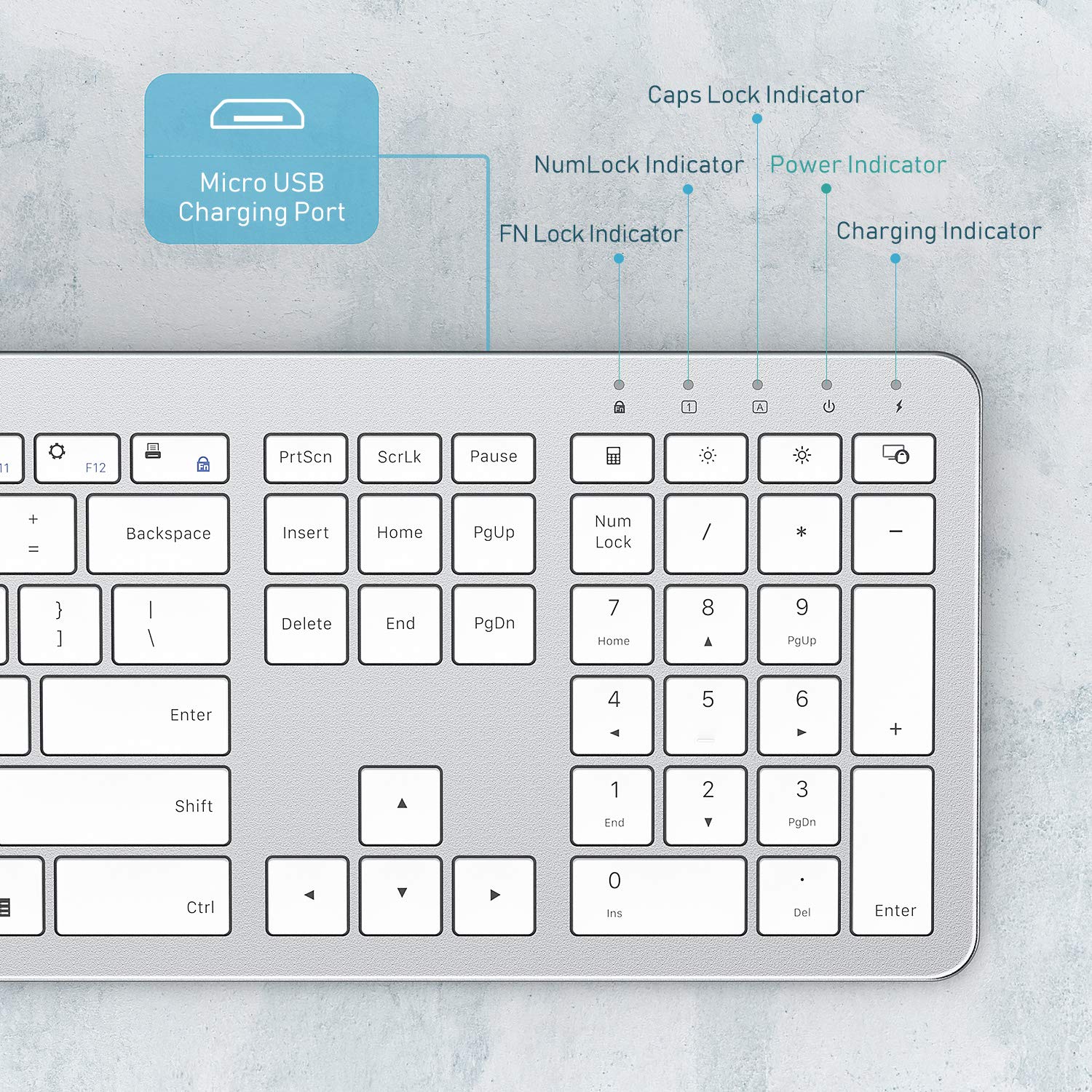 Rechargeable Wireless Keyboard Mouse Combo - Seenda Full Size Cordless Keyboard & Mouse Sets with Build-in Lithium Battery Ultra Thin Quiet Keyboard Mice - Silver and White