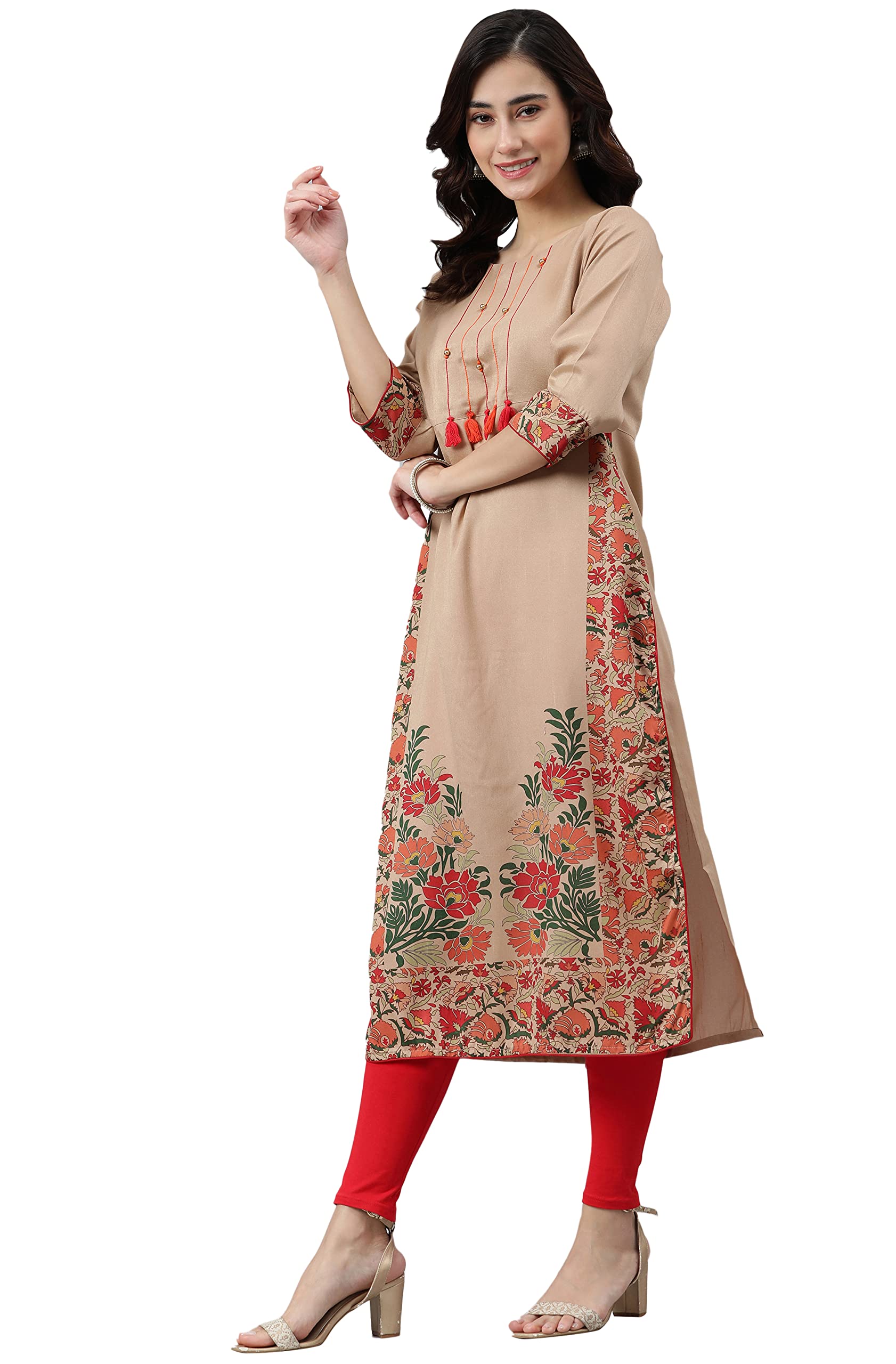 Janasya Indian Women's Tunic Tops Poly Silk Kurti for Women(JNE2305-KR-533-M) Brown