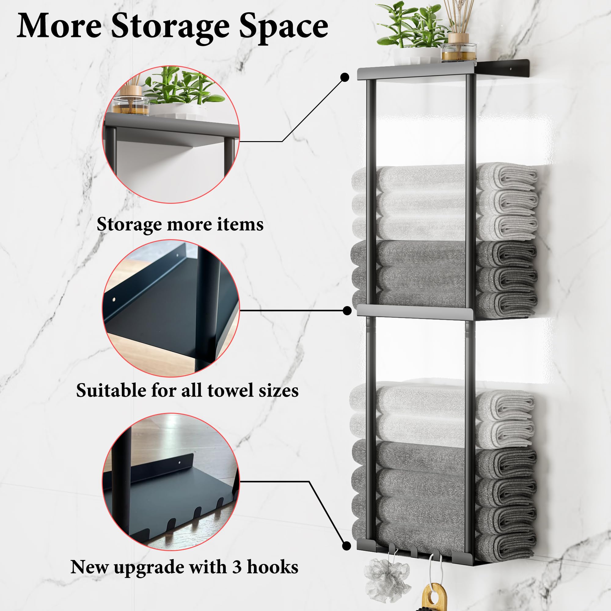 Vowupt Bathroom Towel Storage Rack, 3 Tier Towel Racks for Rolled Towels, Wall Mounted Metal Bathroom Organizer, Bath Towel Holder Shelf with 3 Hooks,Towel Racks for Bathroom