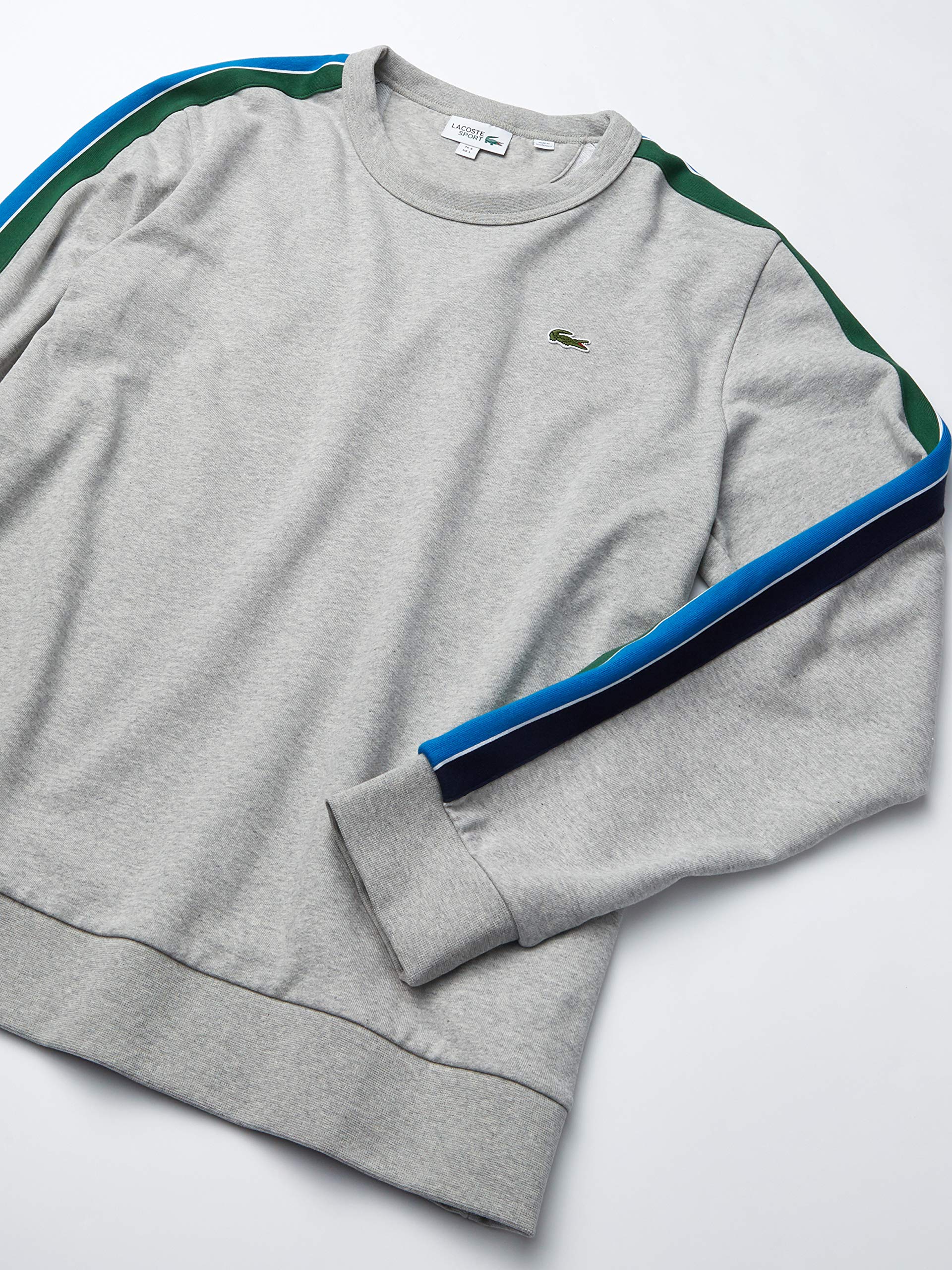 Lacoste Mens Long Sleeve Rainbow Sleeve Striped Crewneck Sweatshirt Silver Chine/Navy Blue-ut MD One Size