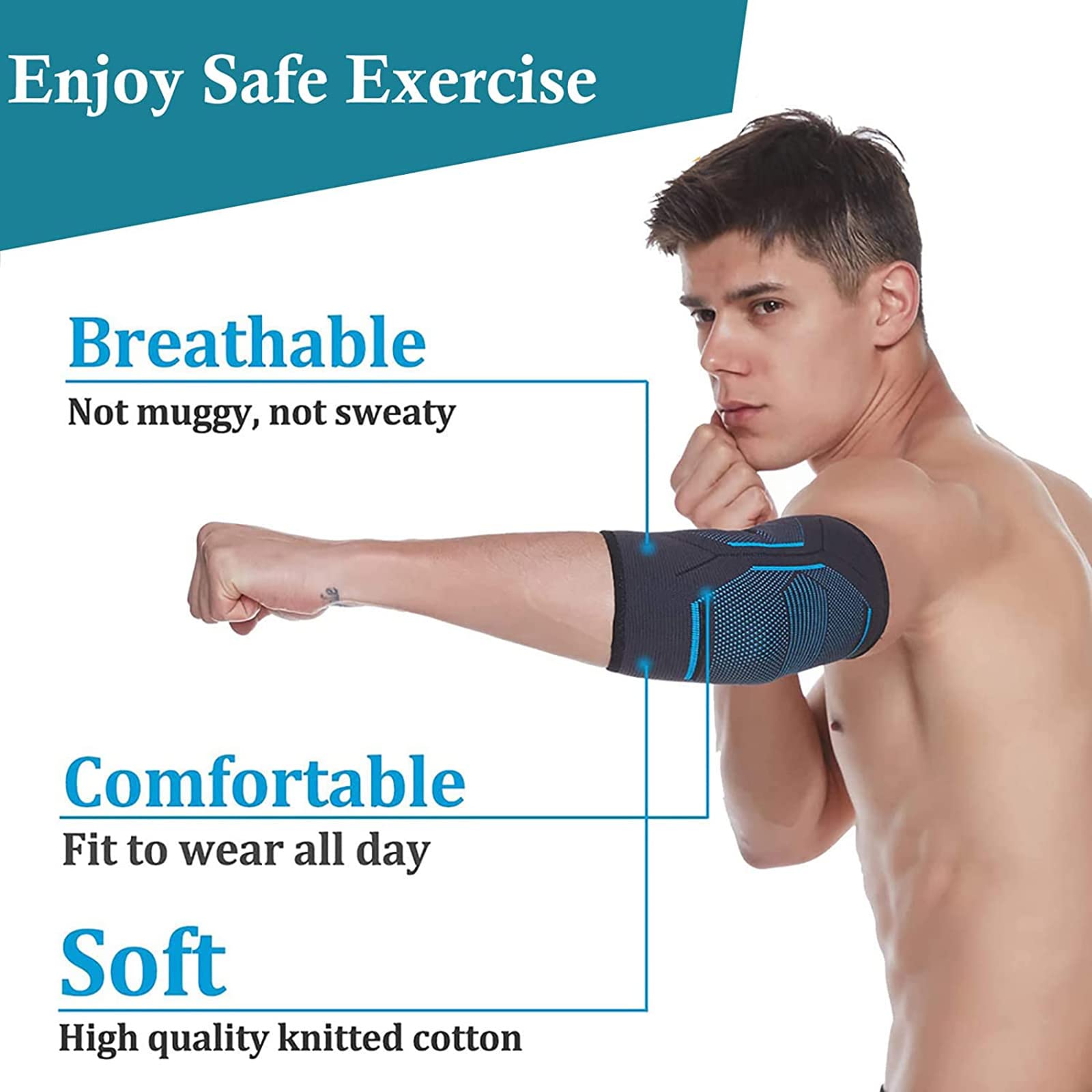 Seitaku Elbow Brace Elbow Compression Sleeve Men Women 2 Pack, Elbow Support Elbow Brace for Tendonitis and Tennis Elbow, Elbow Sleeve Weightlifting, Workout, Sports, Arthritis (Blue Black, Medium)