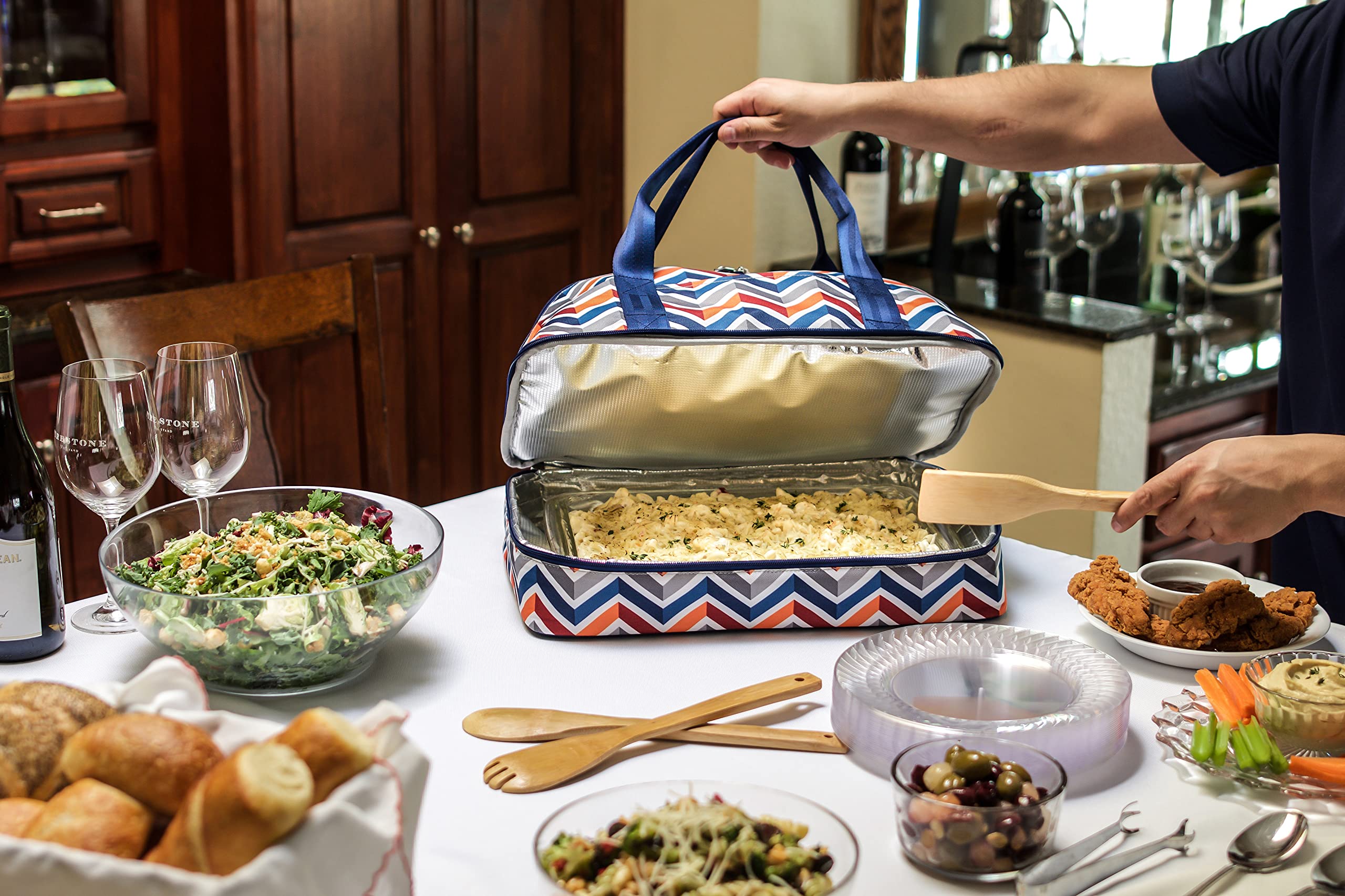 ONIVA - a Picnic Time brand Potluck Casserole Carrier, Insulated Thermal Food Carrier, Insulated Casserole Carrier, Navy Blue, Orange, & Gray Pattern