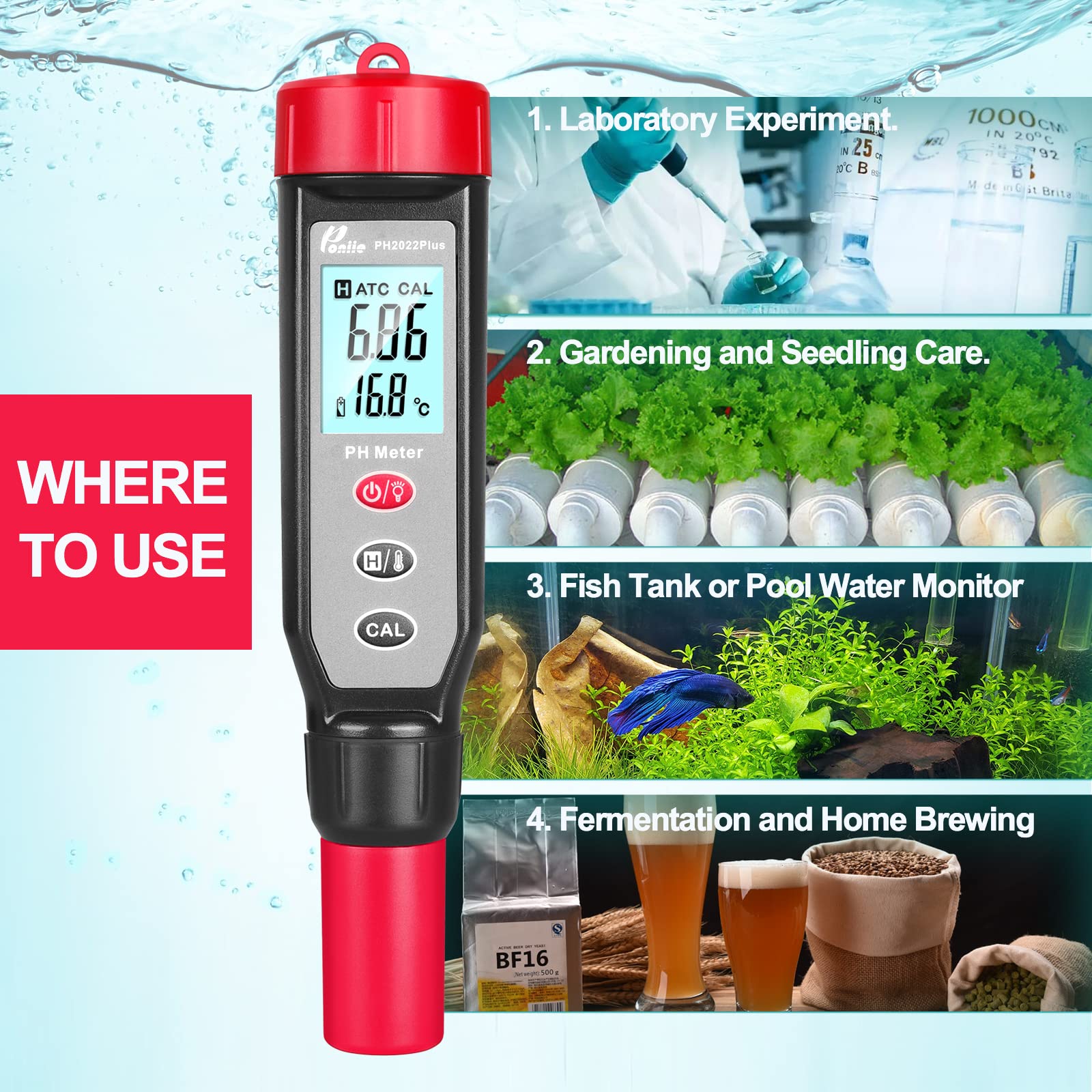 Poniie PH2022Plus Waterproof Digital PH Meter for Water Hydroponics Food Brewing w/Portable Toolkit Combo, 0.01 Resolution
