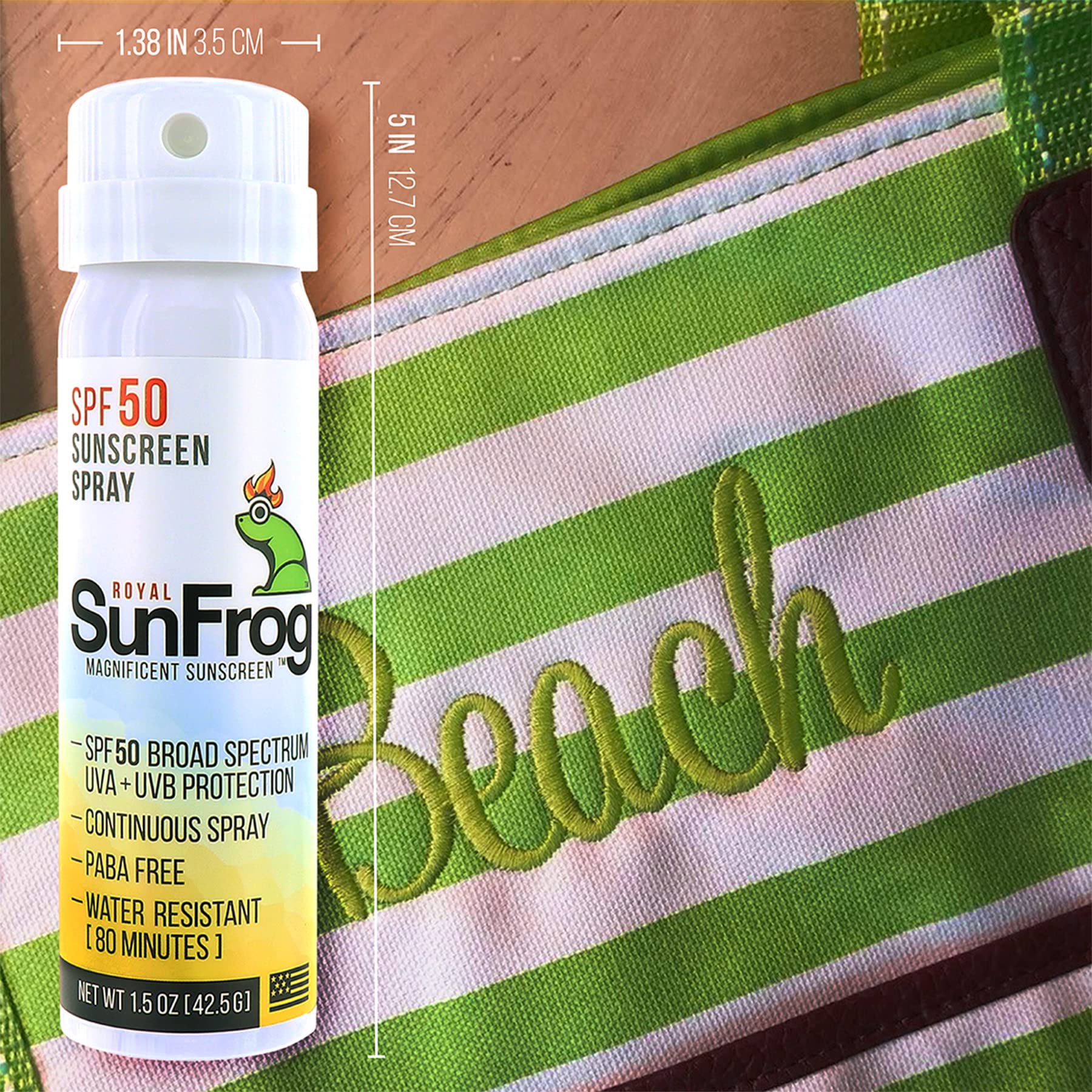 Royal SunFrog | SPF-50 Sunscreen - Continuous Spray | Broad Spectrum UVA + UVB, PABA-Free, Water Resistant for 80 Minutes | with Vitamin E and Aloe | for Face and Body (1.5oz/42.5g) - 1 count